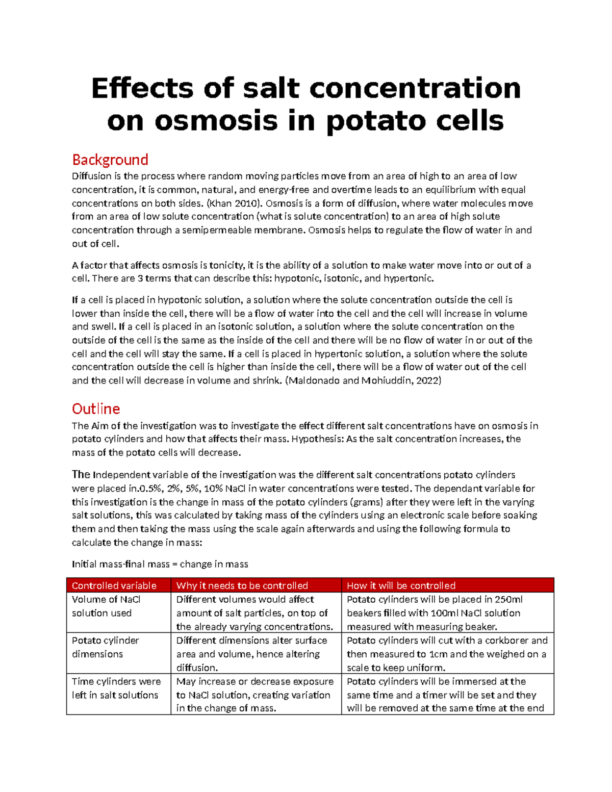 Practical Report: Effects of Salt Concentration on Osmosis in Potatoes - Studocu