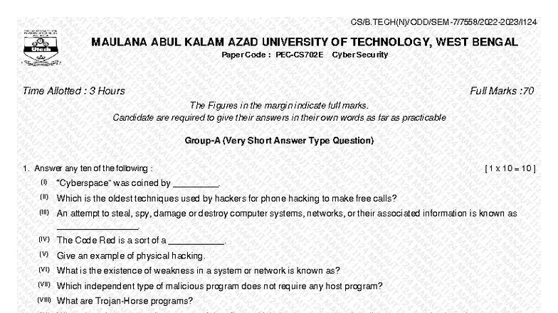 Cyber Security Question Paper 2022-23 - MAKAUT (Full Marks: 70) - Studocu
