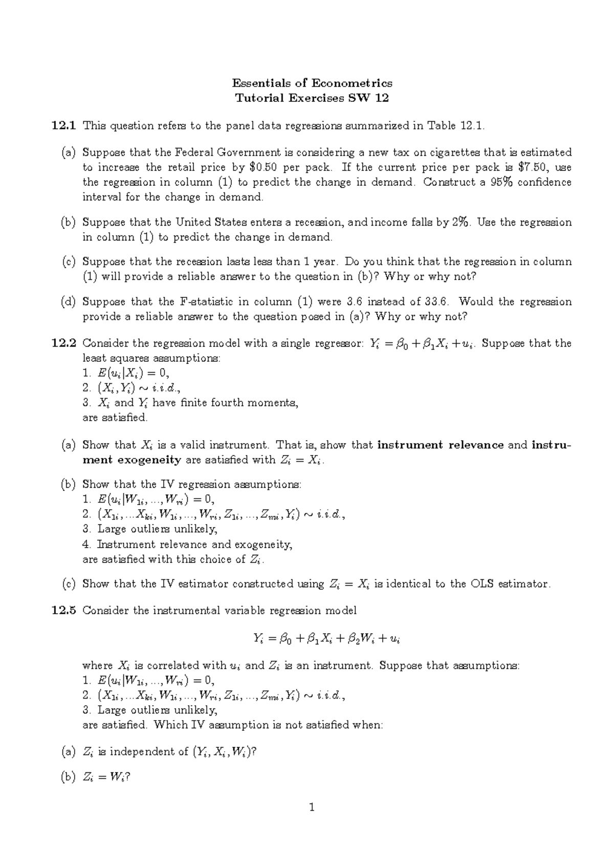 SW12 Tutorial 7 - Essentials of Econometrics Tutorial Exercises SW 12 ...