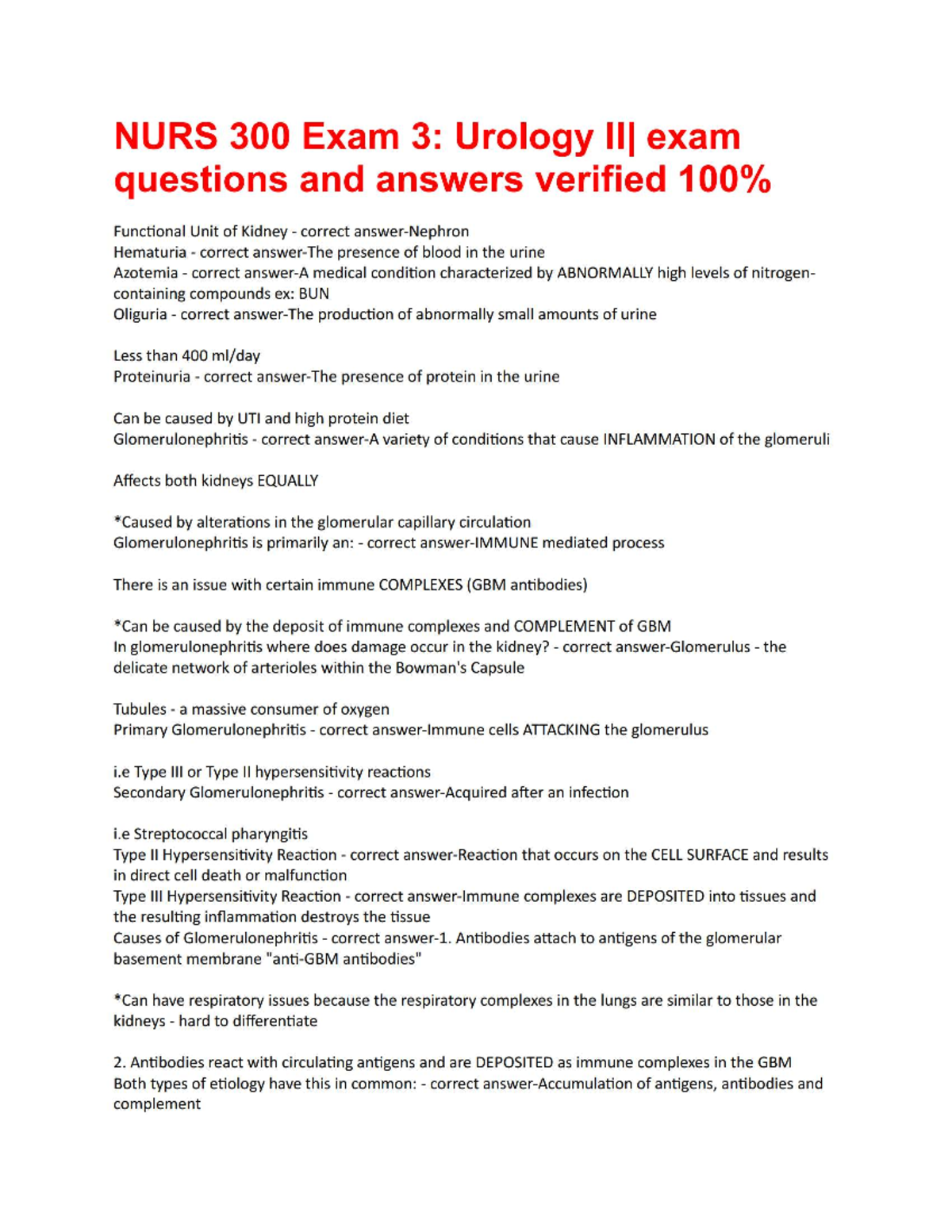 NURS 300 Exam 3 Urology II exam questions and answers verified 100% ...