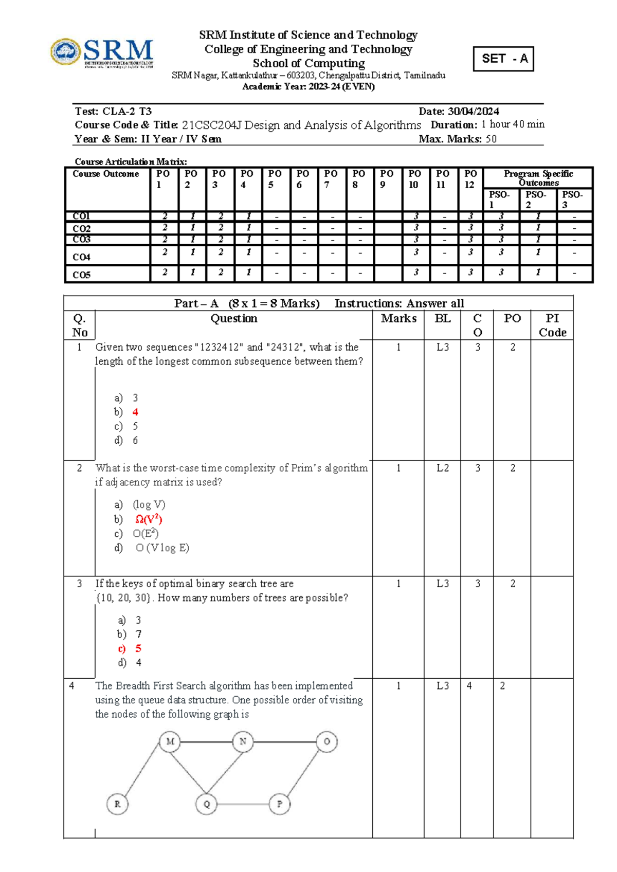 CT2-DAA-SET-A Design and Analysis of Algorithms Answer Key - Studocu