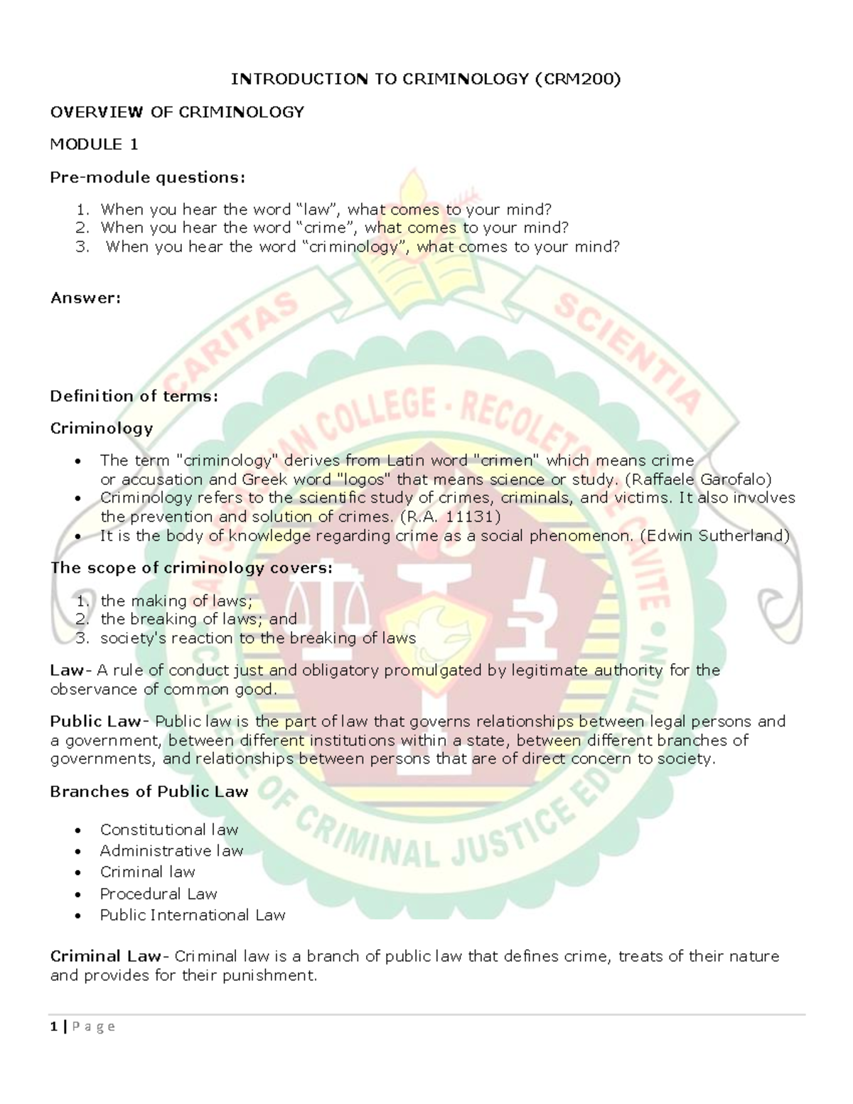 CRM200 Module 1: Understanding Criminology and Its Foundations - Studocu