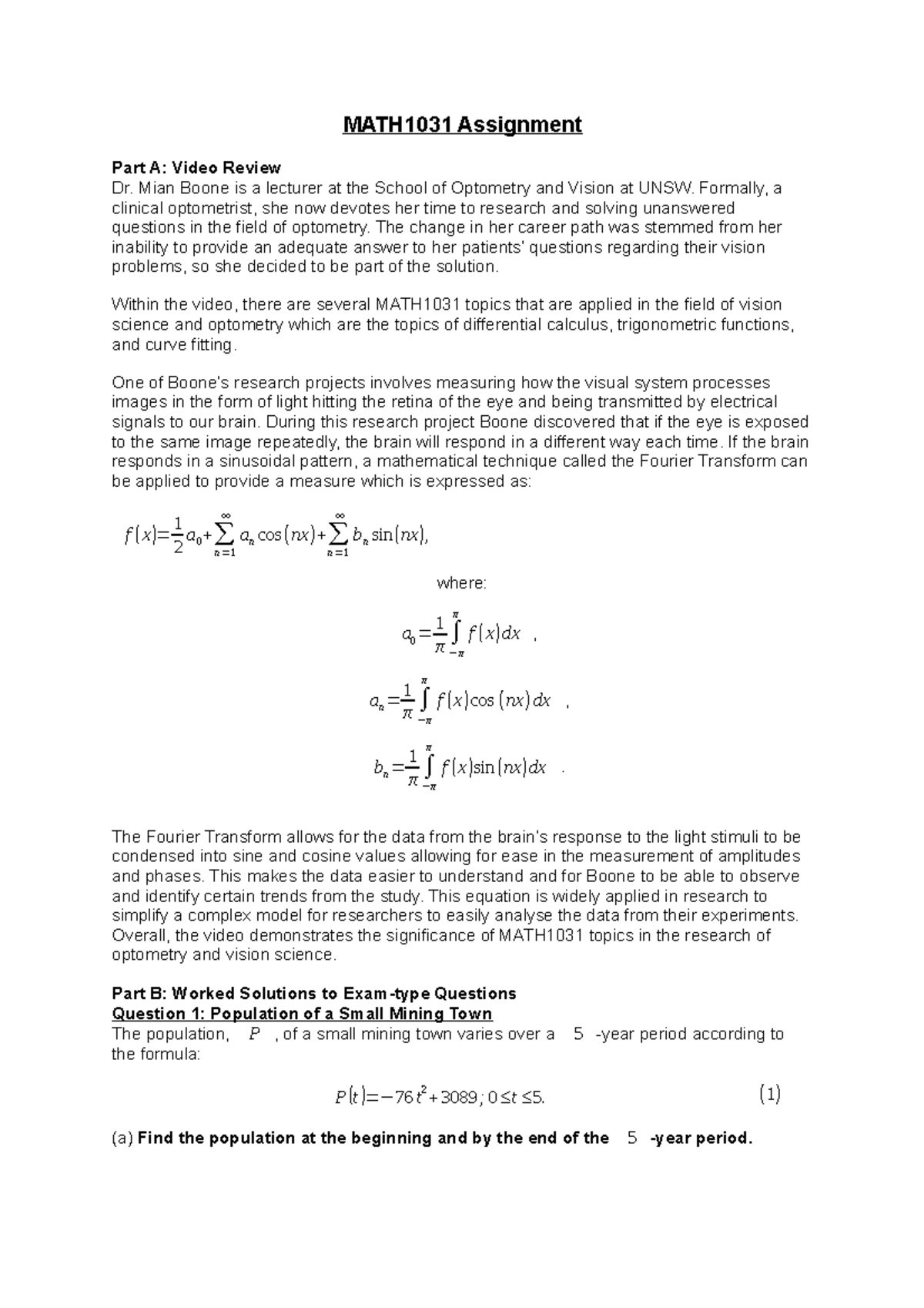 MATH1031 Assignment Received Full Marks - MATH1031 - UNSW Sydney - Studocu