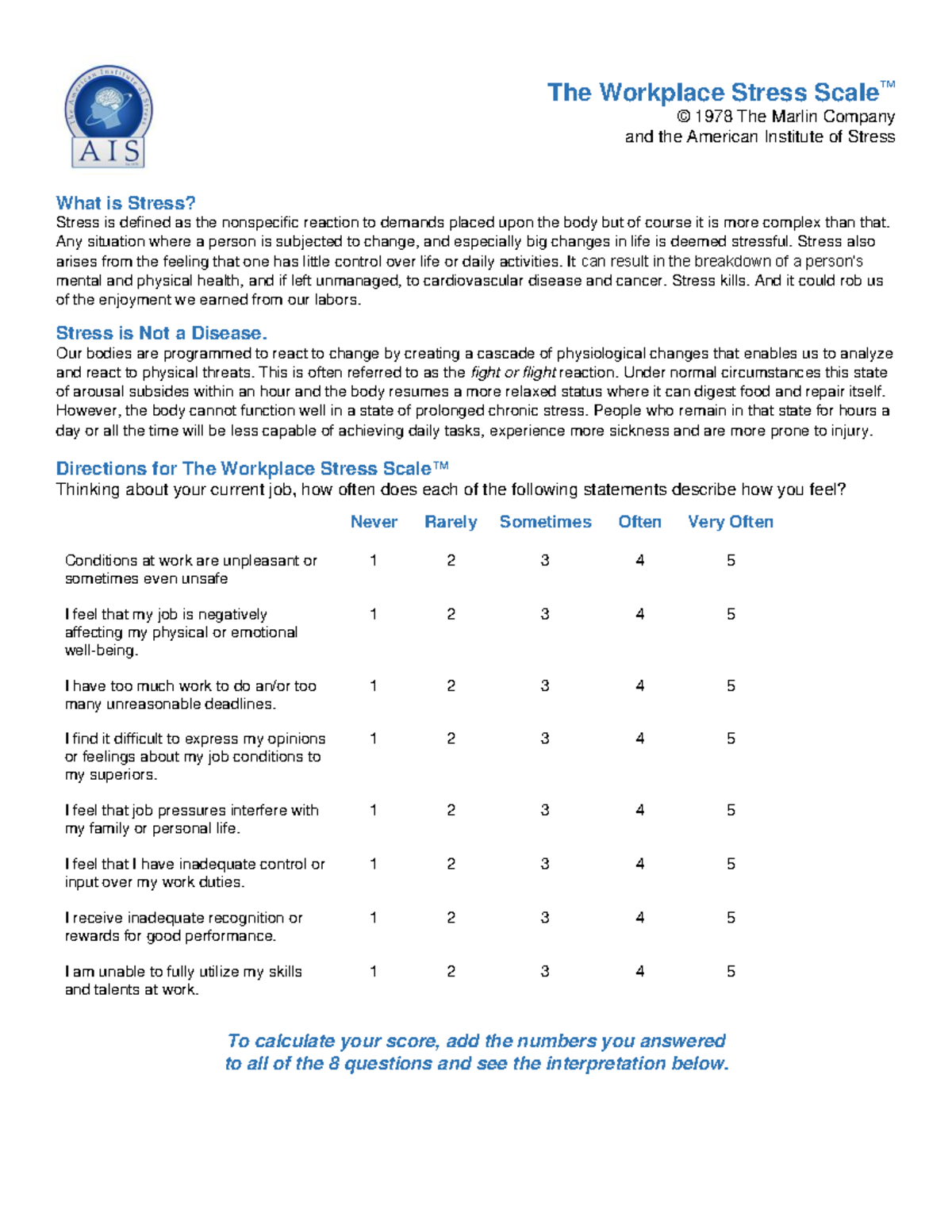 Workplace Stress Scale: Assessment & Management Strategies - Studocu