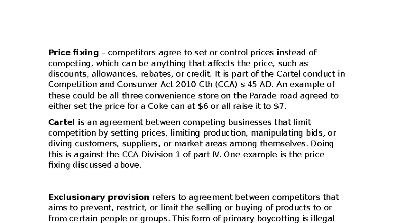 Competition Definition: Understanding Price Fixing & CCA 2010 - Studocu