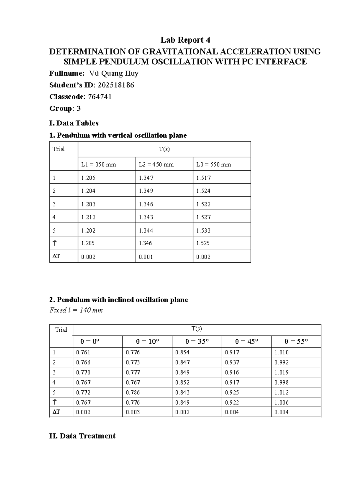 Lab Report 4: Gravitational Acceleration via Pendulum Oscillation - Studocu