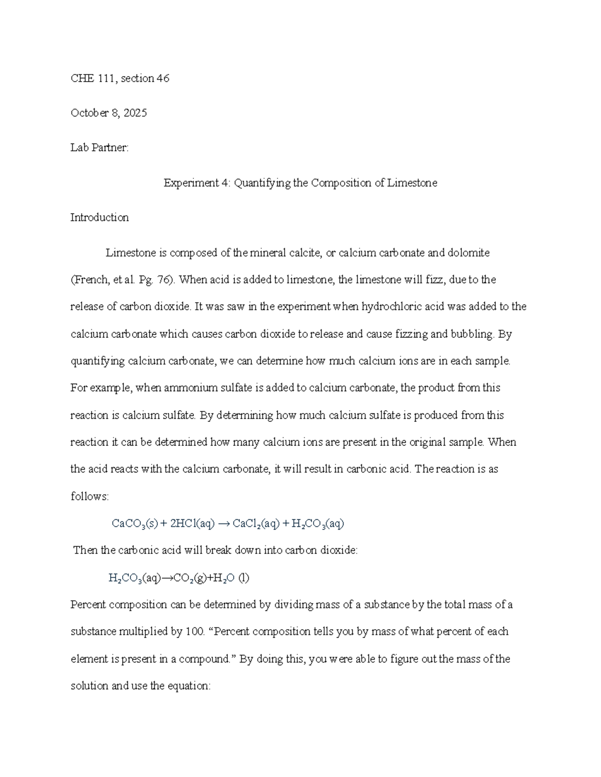 CHE 46 Lab: Experiment 4 - Quantifying Limestone Composition - Studocu