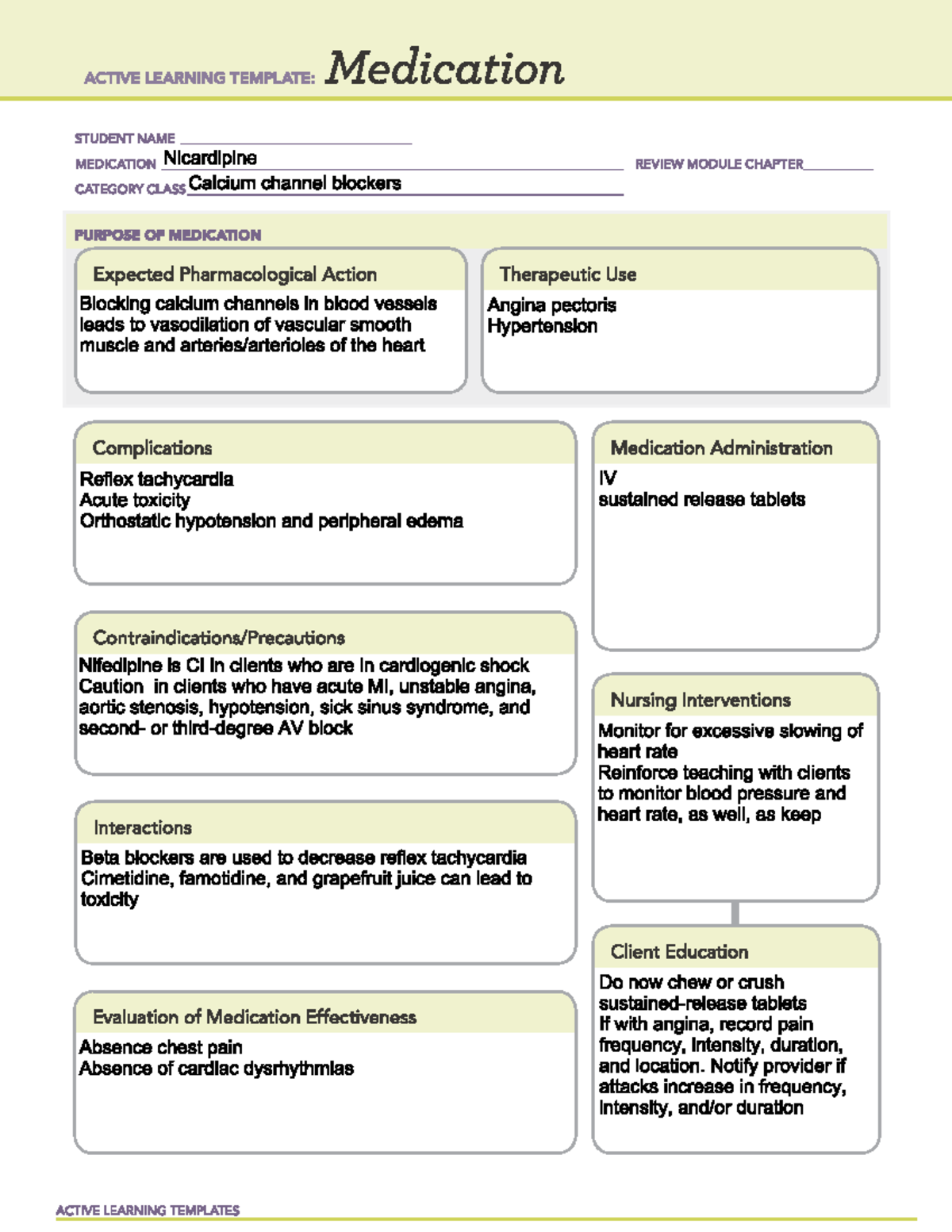 Nicardipine - ATI Pharm Sheet: Key Points on Calcium Channel Blockers ...