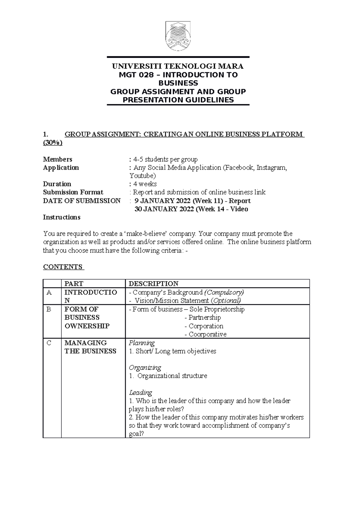 MGT028 Group Assignment - UNIVERSITI TEKNOLOGI MARA MGT 028 ...