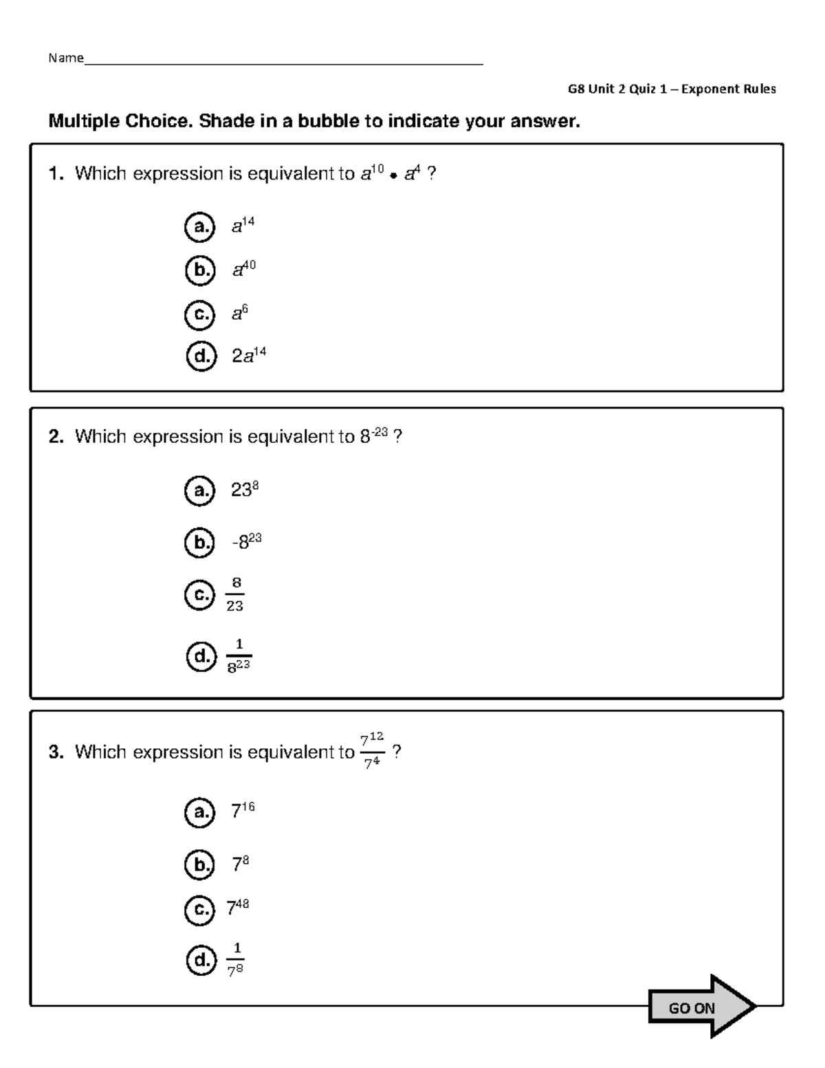 G8 Unit 2 Quiz 1: Exponent Rules Assessment - Studocu