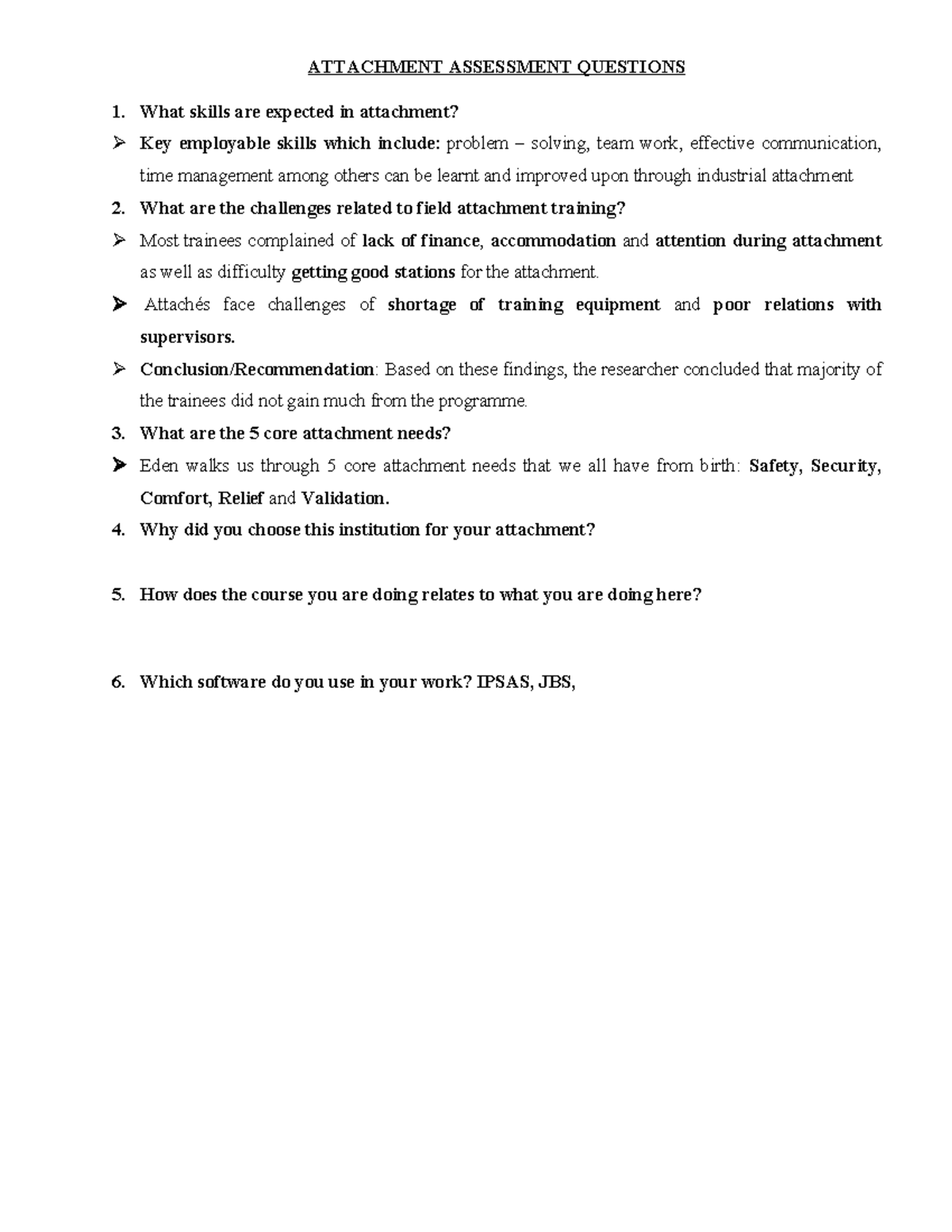 Attachment Assessment Questions: Skills, Challenges & Core Needs - Studocu