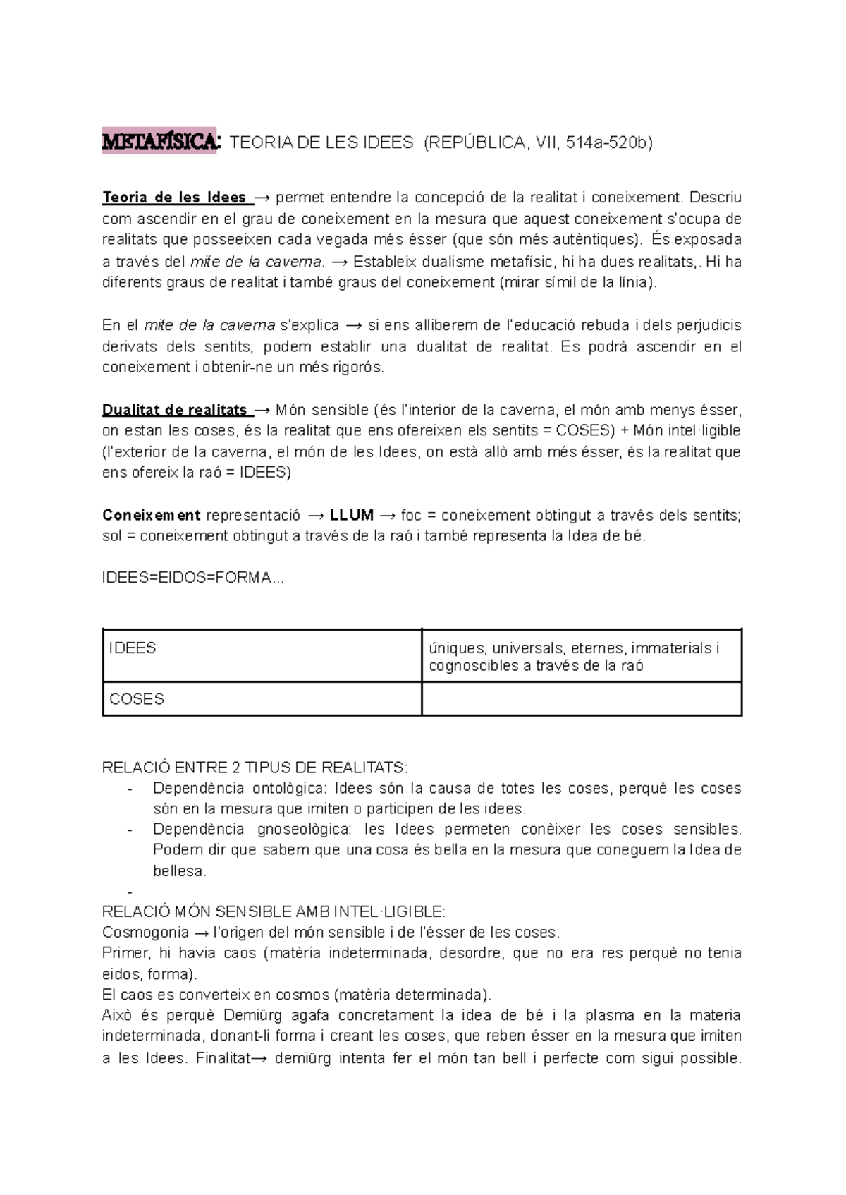Plató - METAFÍSICA: TEORIA DE LES IDEES (REPÚBLICA, VII, 514a-520b ...