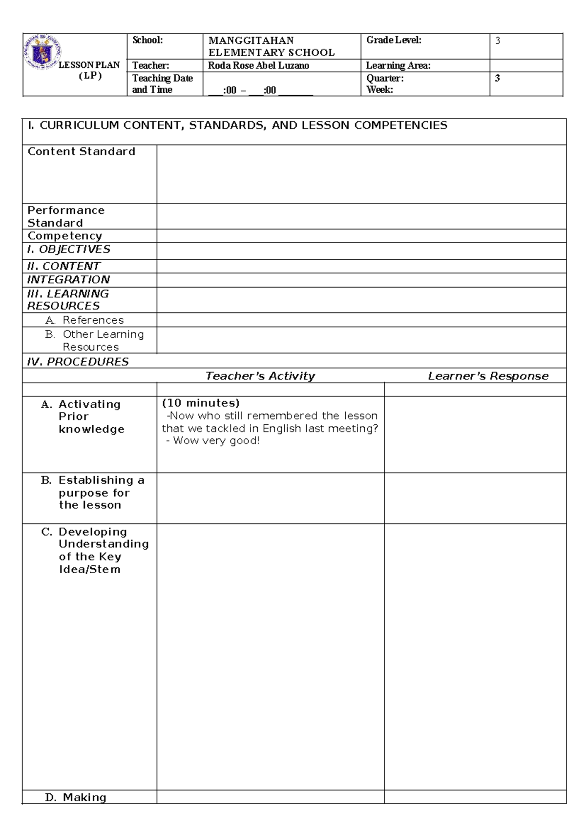 Grade 3 English Lesson Plan (LP) - Manggitahan Elementary School - Studocu
