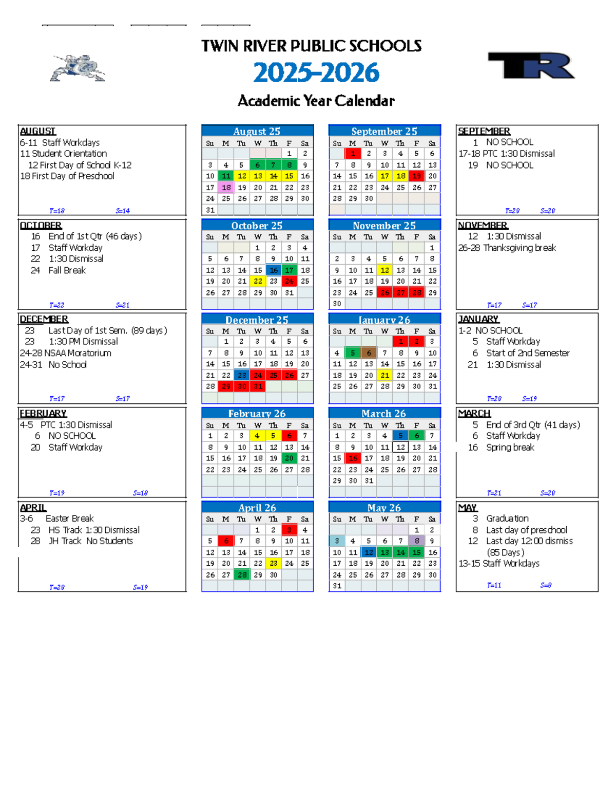 TWIN RIVER PUBLIC SCHOOLS Academic Year Calendar 2025-26 - Studocu