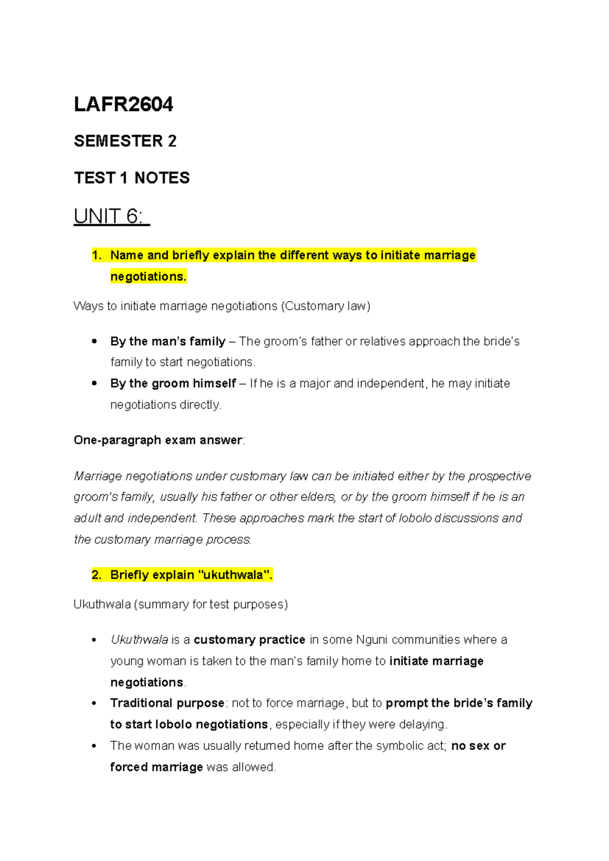 LAFR2604 SEMESTER 2 TEST 1 NOTES: Customary Marriage Insights - Studocu