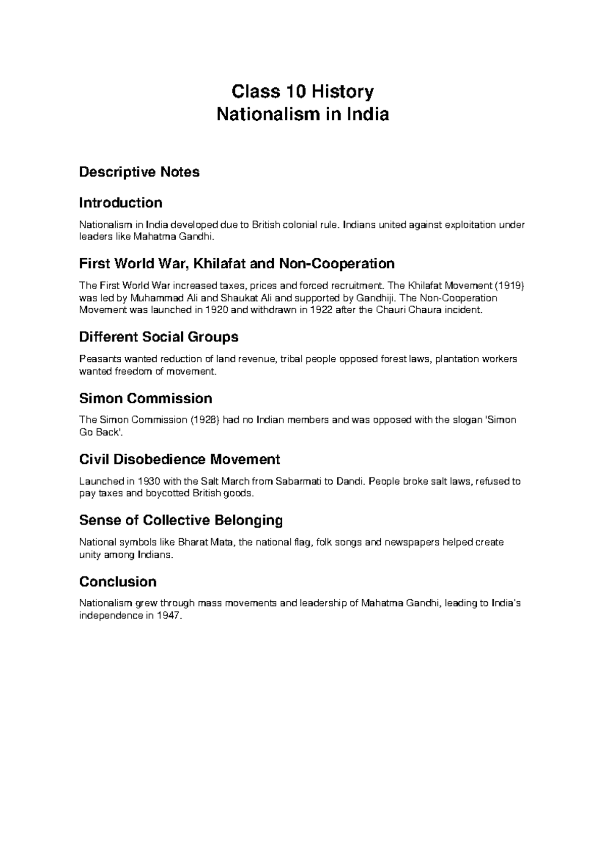 Class 10 History Nationalism in India Descriptive Notes - Studocu