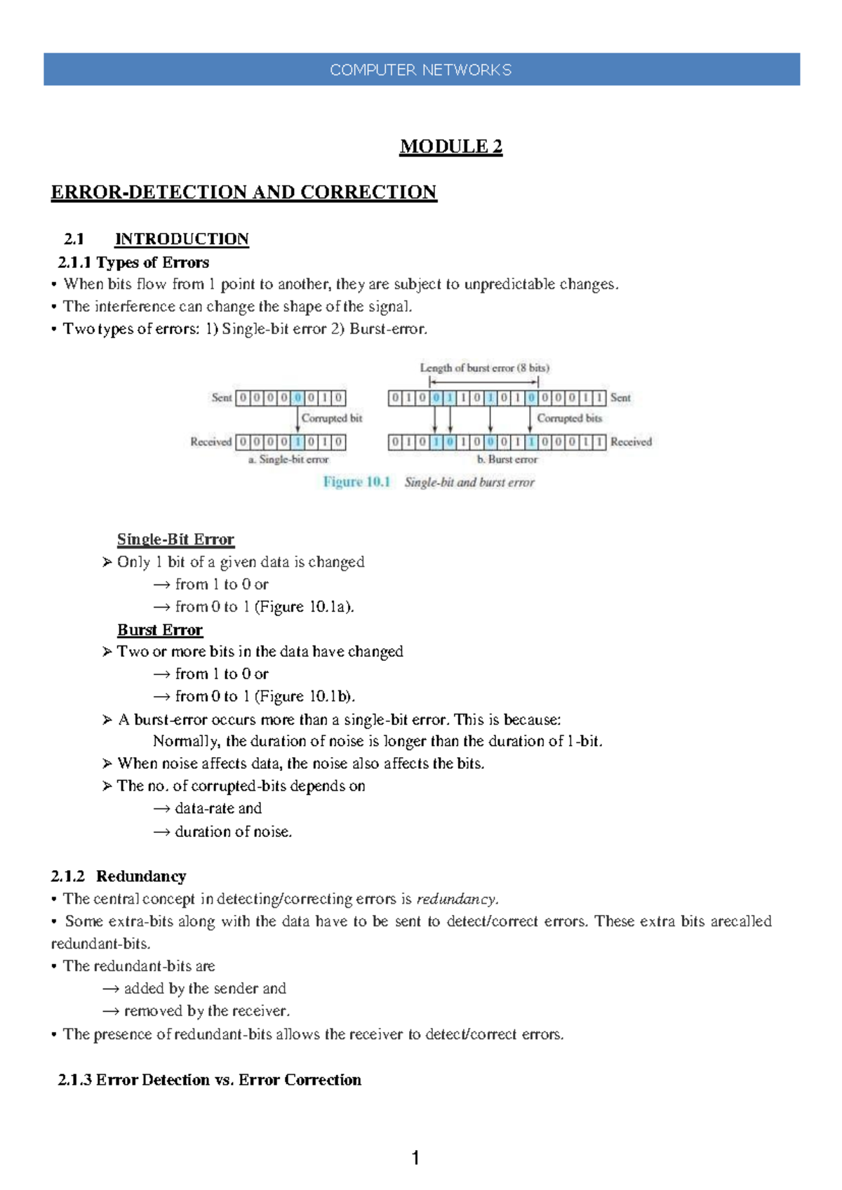 CN M2 notes lecture - MODULE 2 ERROR-DETECTION AND CORRECTION 2 ...