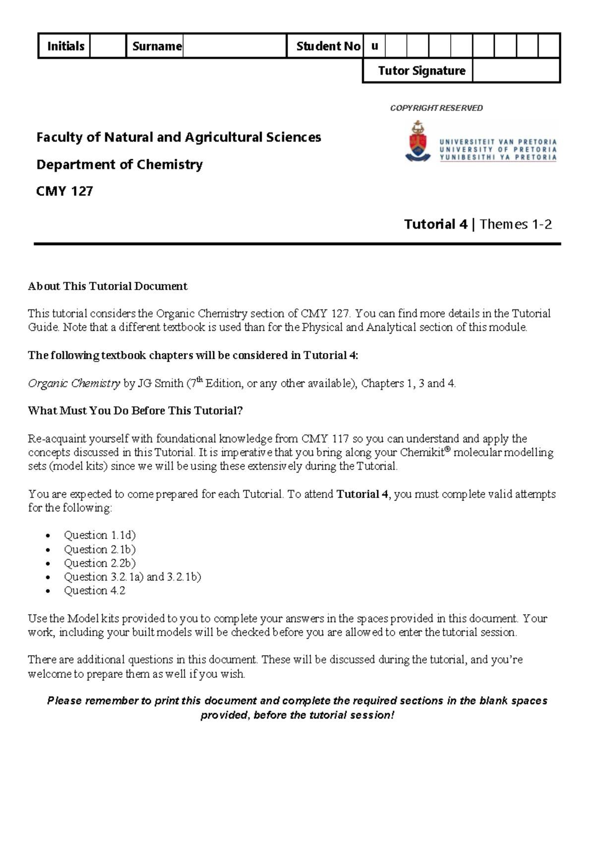 CMY 127 Tutorial 4: Bonding and Conformations Worksheet 2025 - Studocu