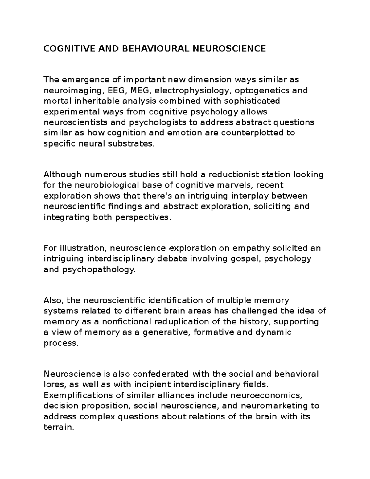 Cognitive AND Behavioural Neuroscience - COGNITIVE AND BEHAVIOURAL ...