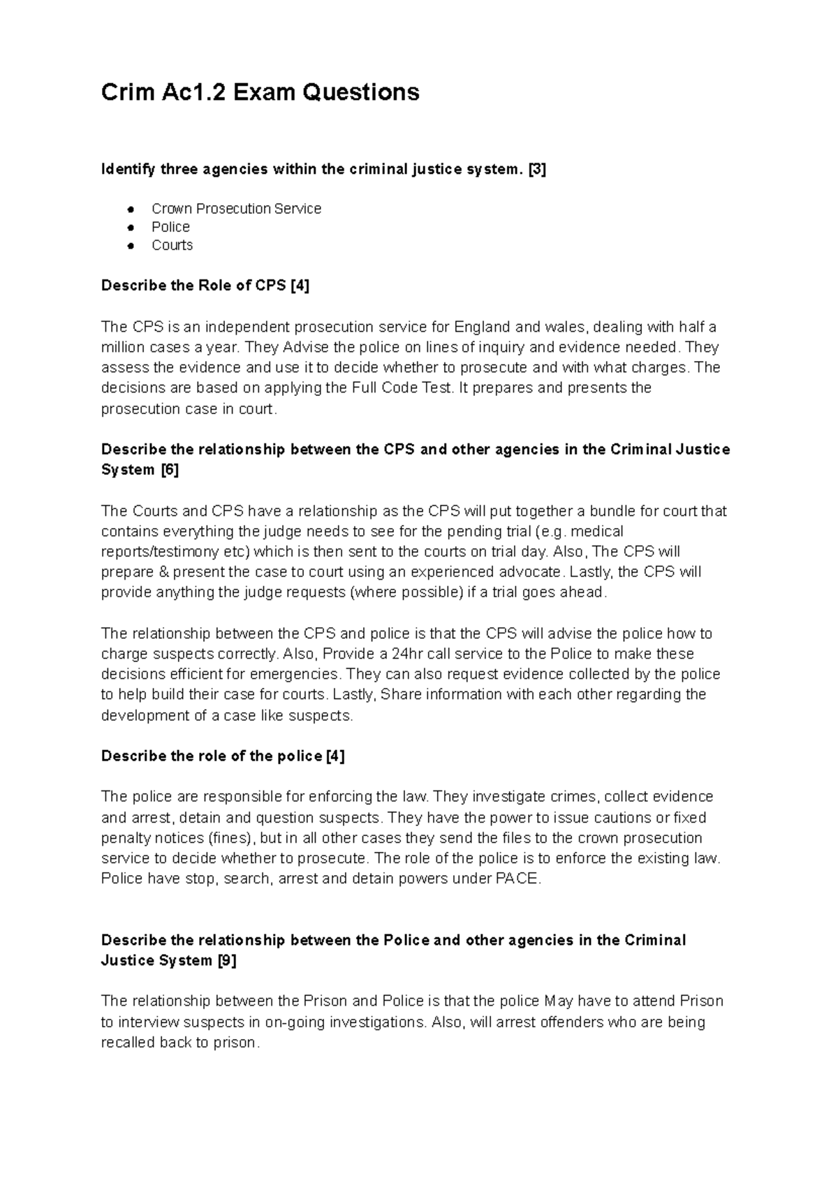 Crim AC1.2 Final Exam Questions on Criminal Justice Agencies - Studocu