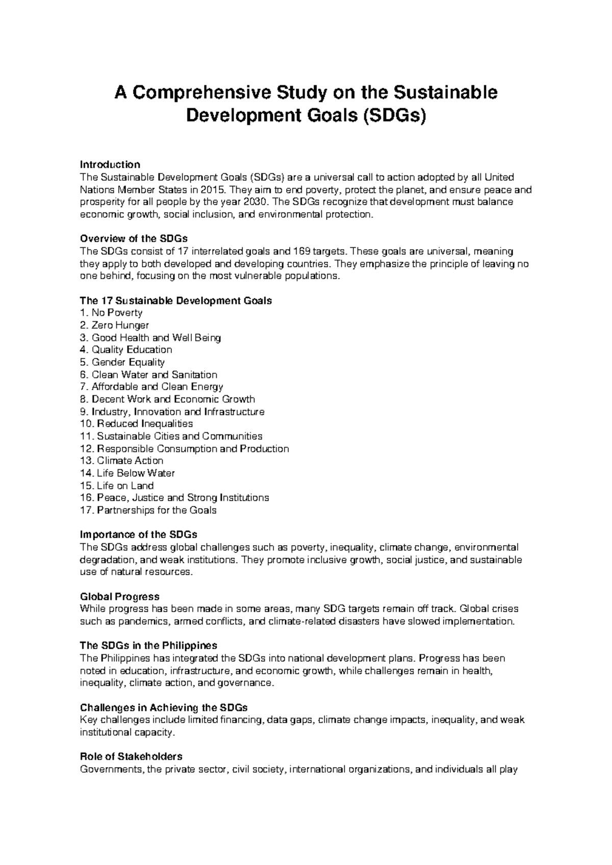 Comprehensive Study on Sustainable Development Goals (SDGs) - Studocu