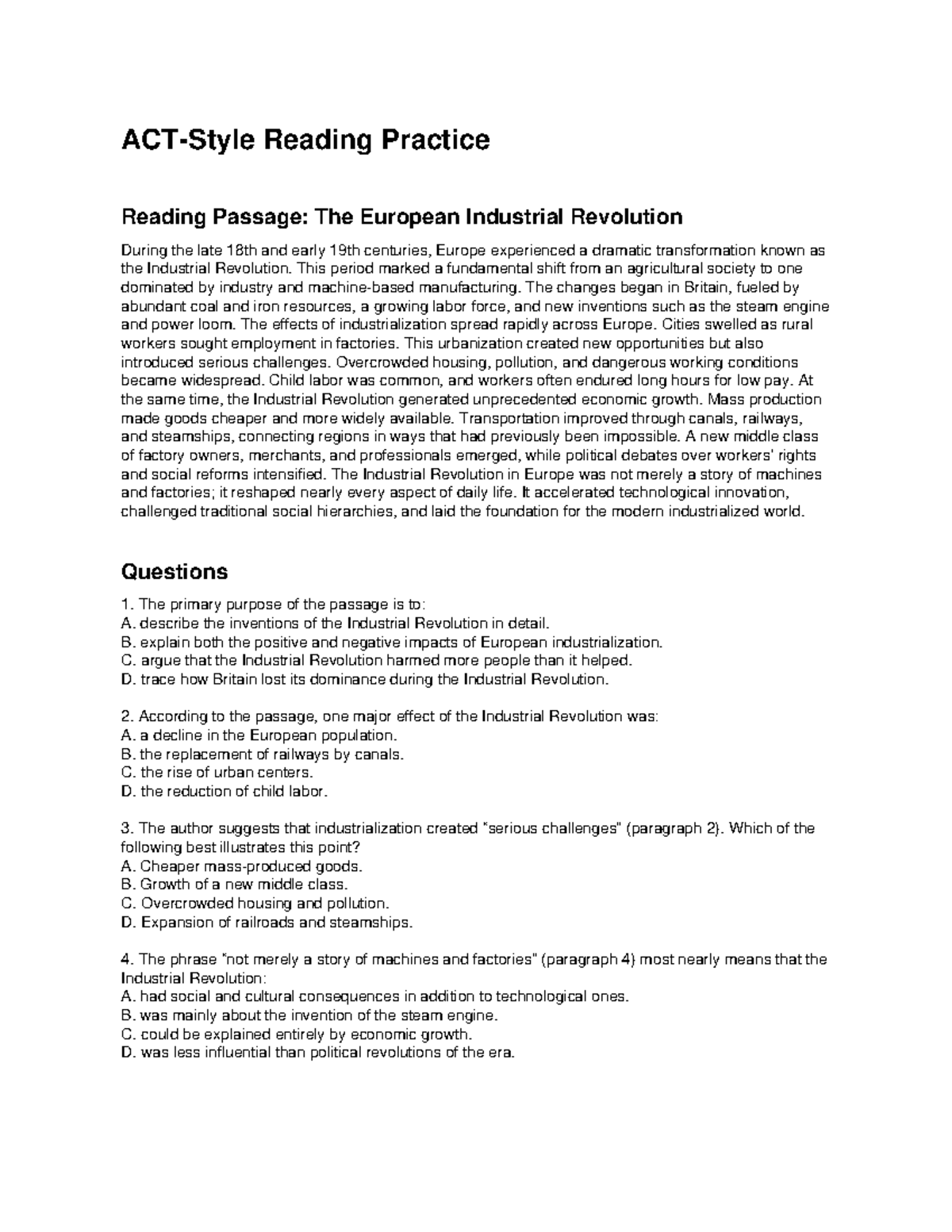 Industrial Revolution ACT Practice: Key Concepts and Questions - Studocu
