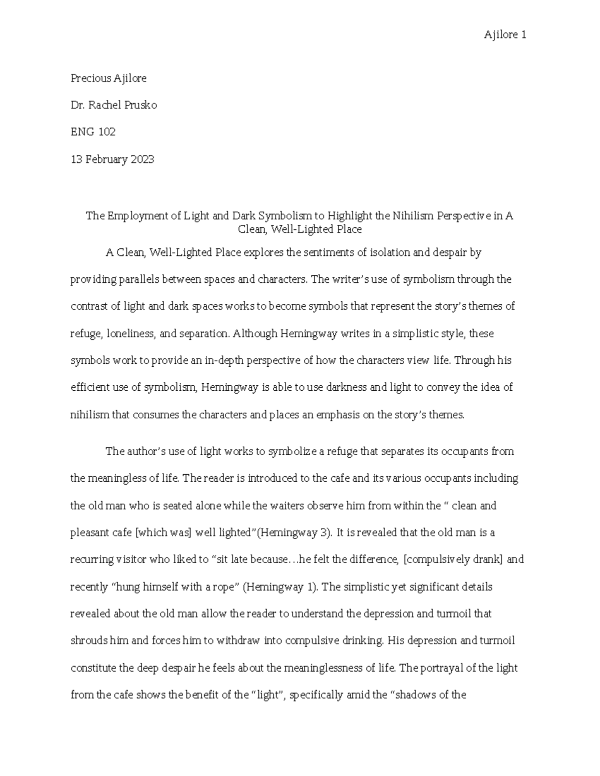 ENG 102 Essay: Light & Dark Symbolism in A Clean, Well-Lighted Place ...