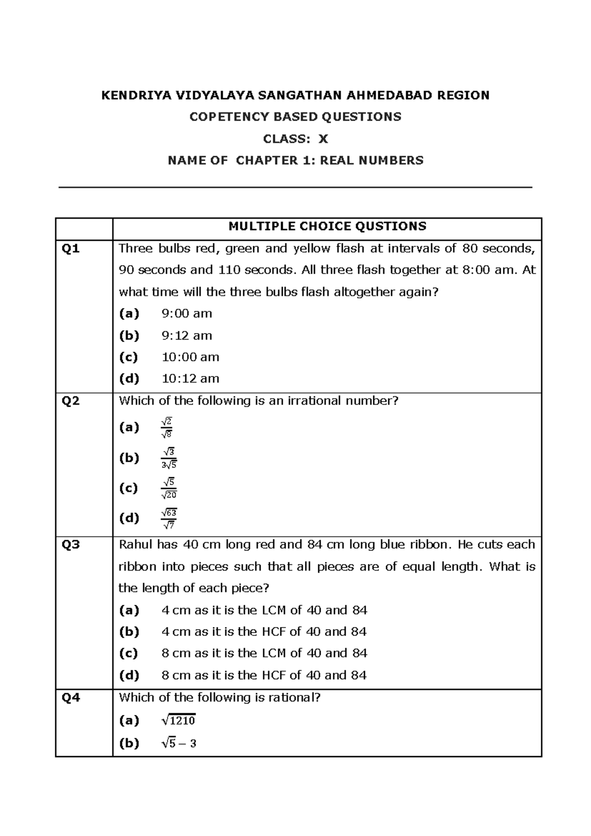 10 Maths CBQ - Extra Questions for Class X: Real Numbers & Quadratics ...