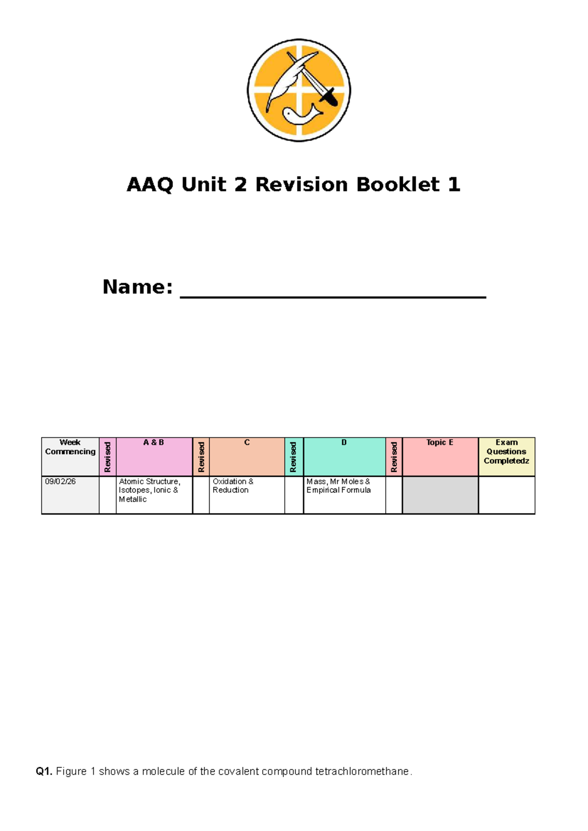 AAQ Unit 2 Revision Booklet 1: Atomic Structure & Chemical Reactions ...