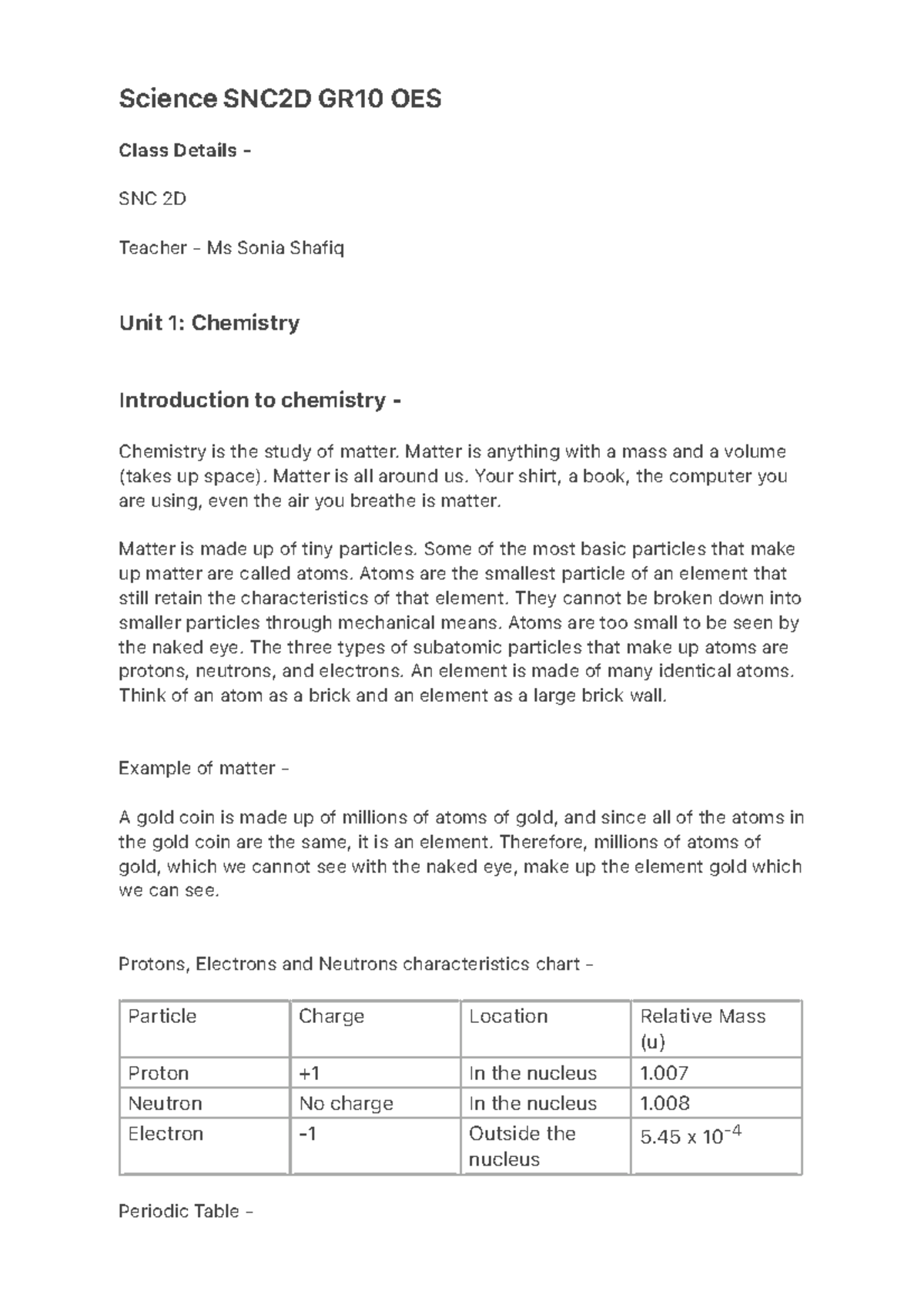Science SNC2D GR10 OES Unit 1 - Science SNC2D GR10 OES Class Details ...
