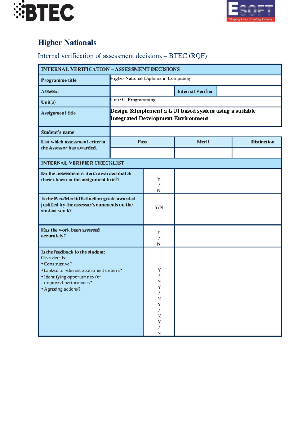 BTEC HND in Computing: Unit 01 Programming - GUI System Design ...