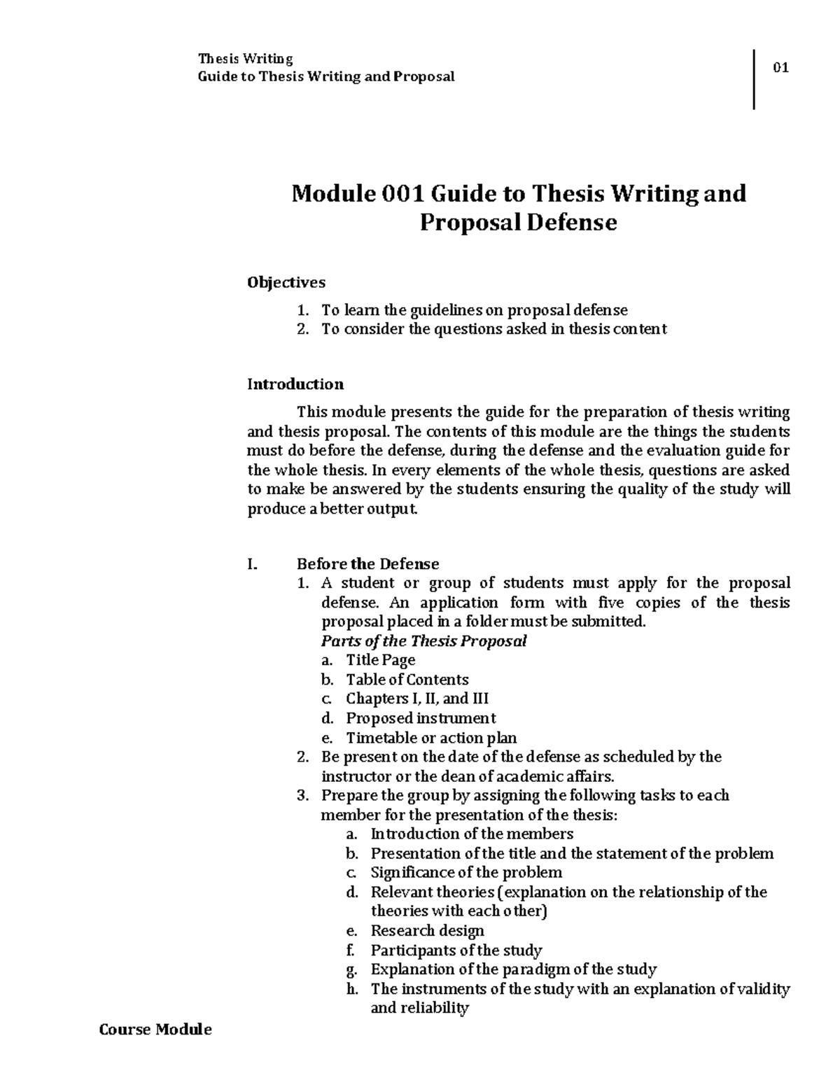 Thesis Writing Guide: Proposal Defense & Preparation Module 001 - Studocu