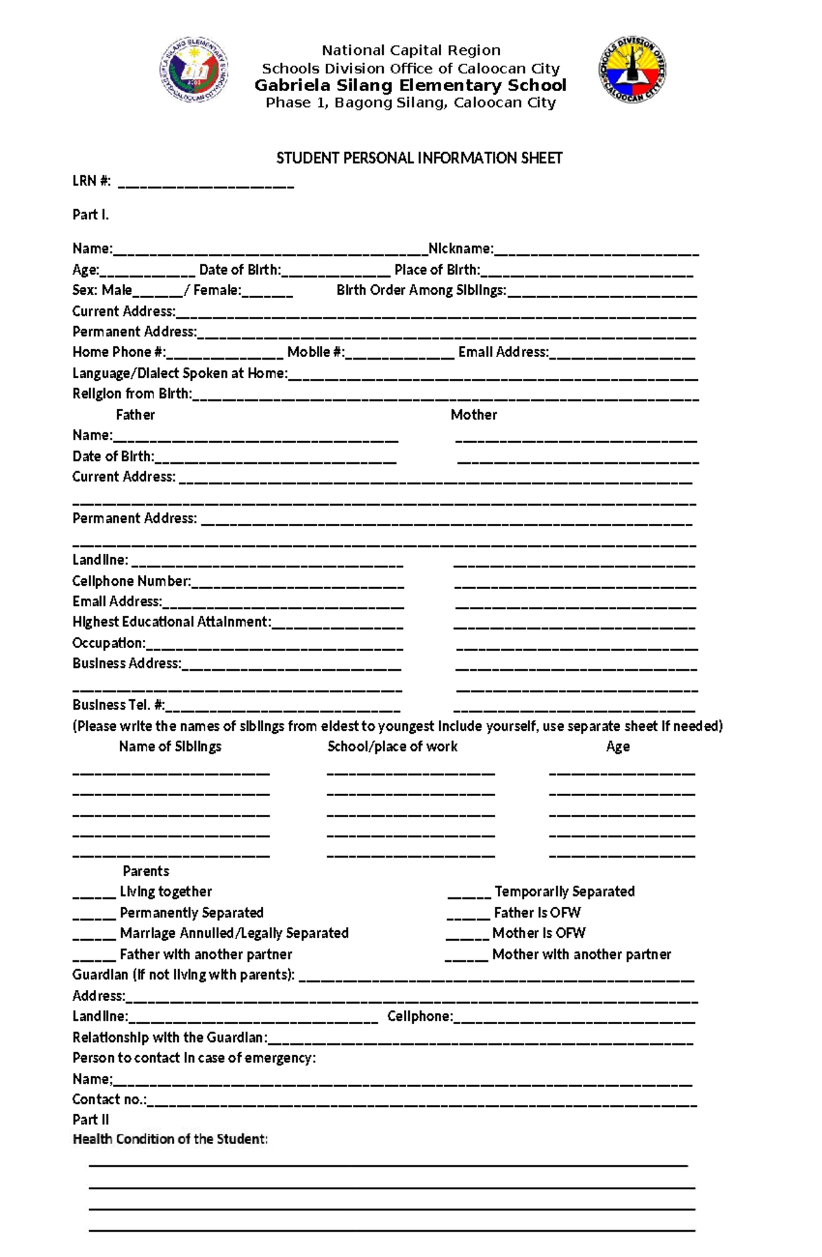 Student Personal Information Sheet - LRN Profile Inventory - Studocu