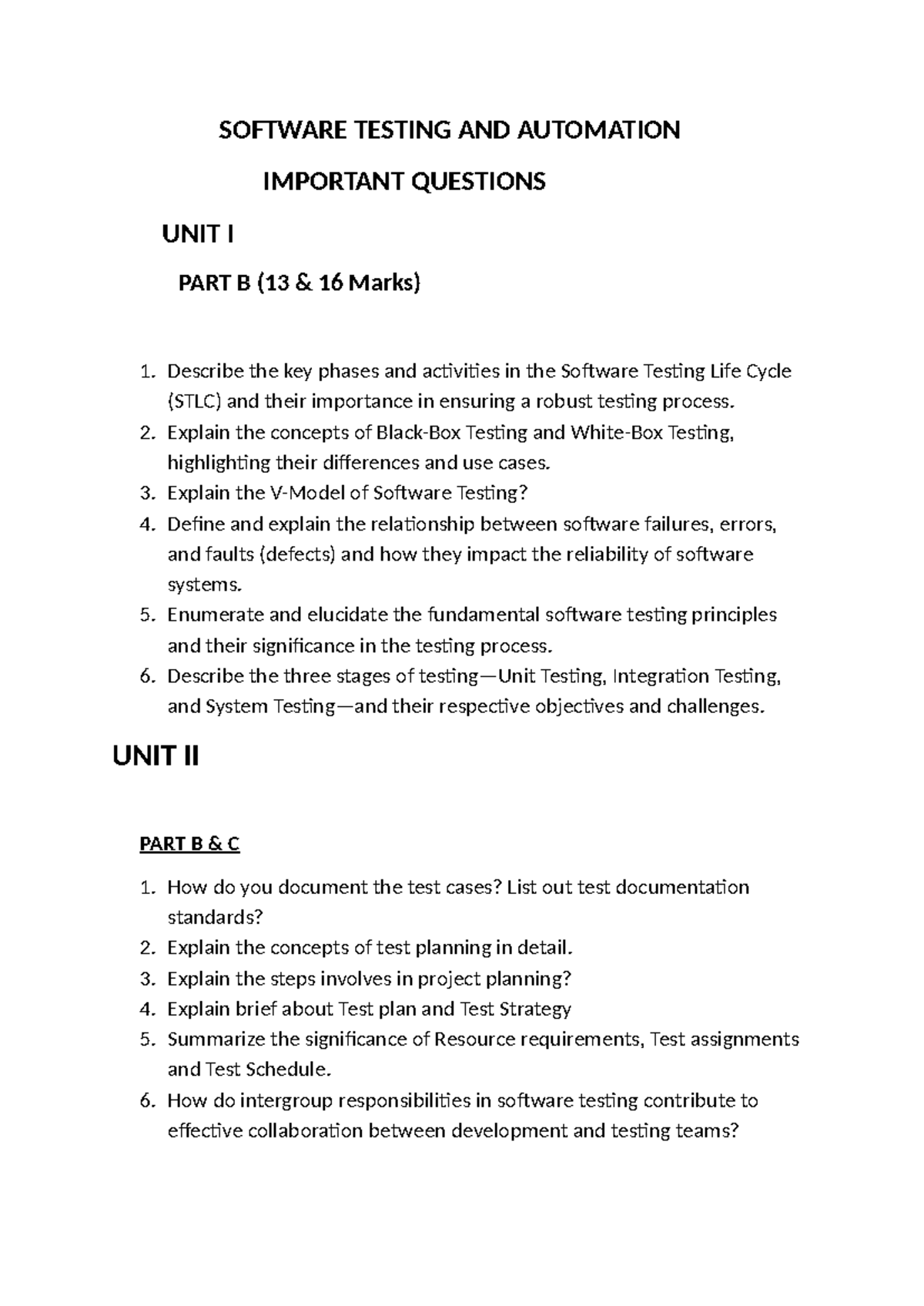 SOFTWARE TESTING AND AUTOMATION IMPORTANT QUESTIONS UNIT I & II - Studocu