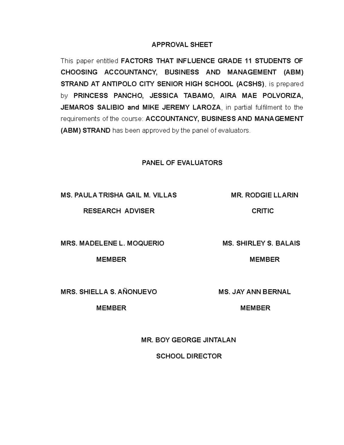 Approval Sheet for Research on ABM Strand Choices - Grade 11 - Studocu