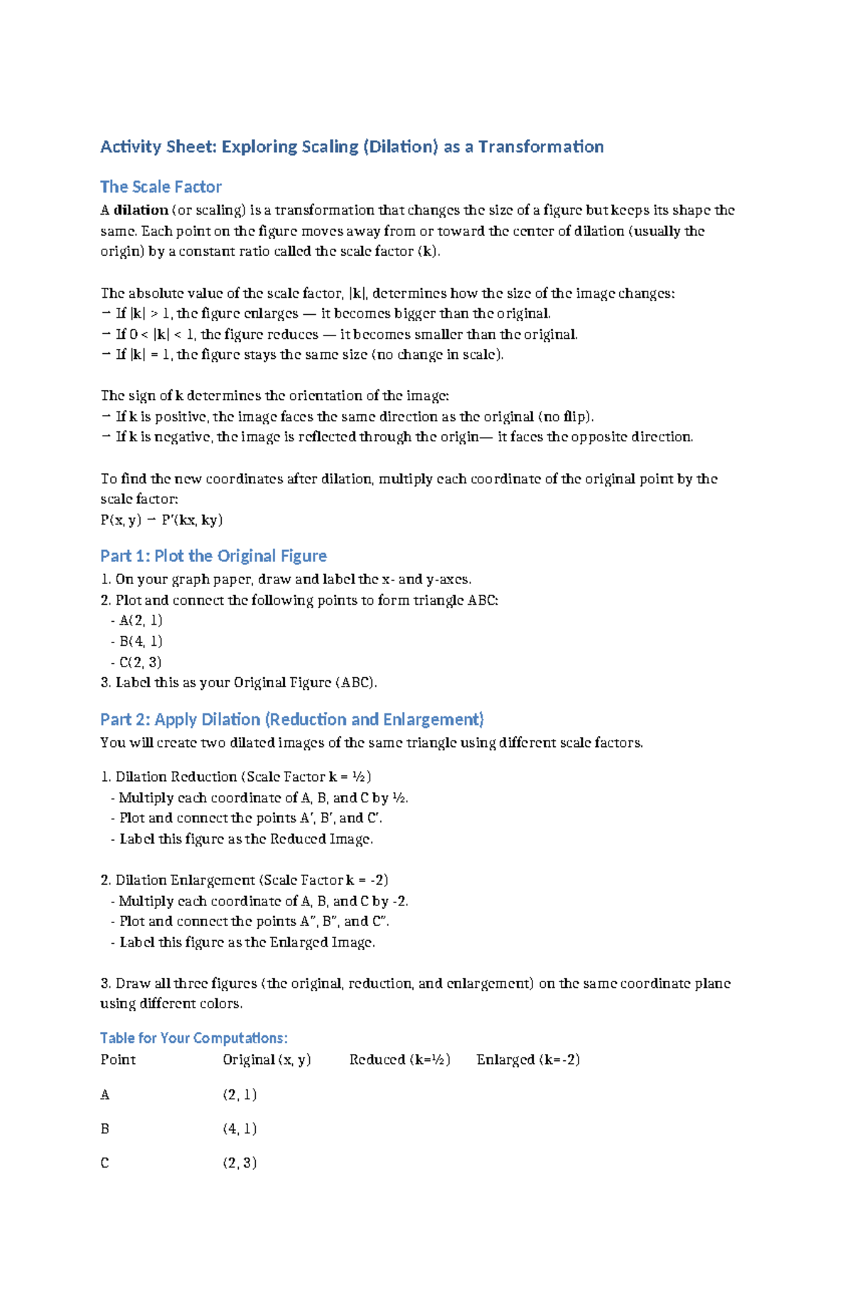 Scaling Dilation Transformation Activity Sheet (Math 101) - Studocu