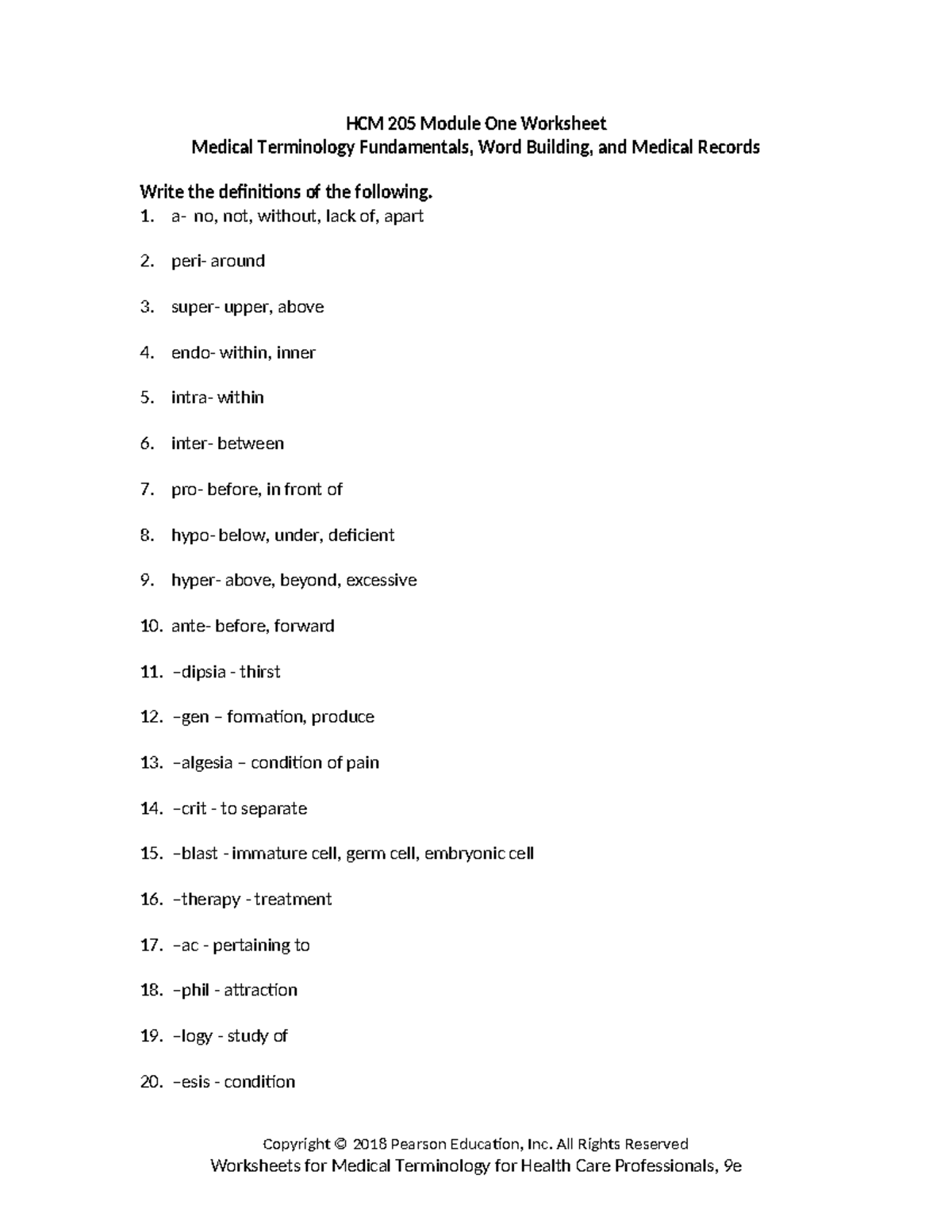 HCM 205 Module One Worksheet: Medical Terminology Basics - Studocu
