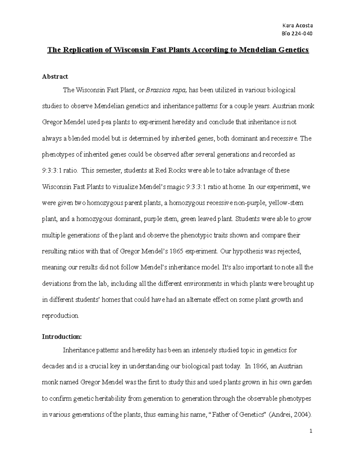 Mendel's Pea Plant Lab Report: A Study of Wisconsin Fast Plants - Studocu