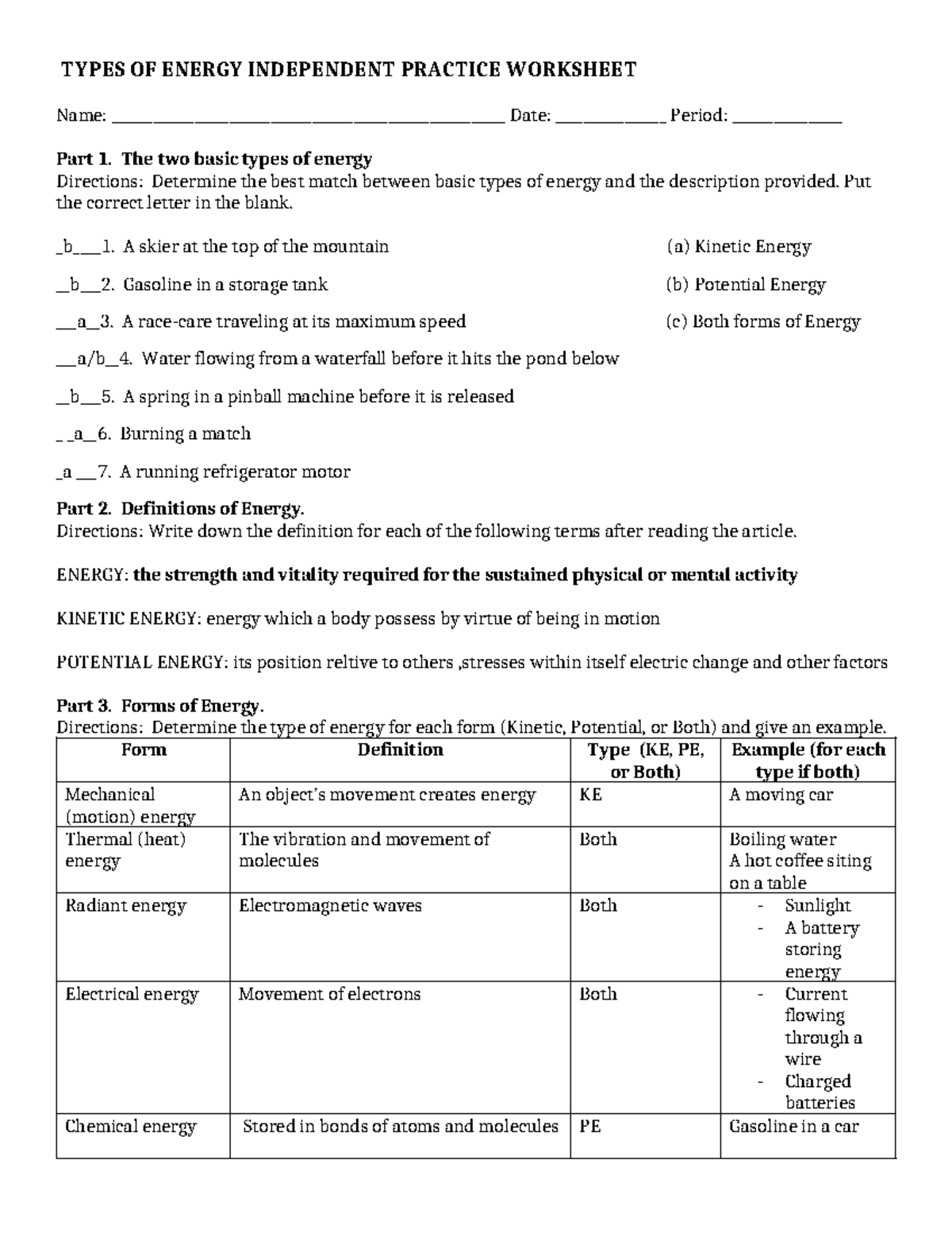 Types of Energy Independent Practice Worksheet (Energy Types) - Studocu