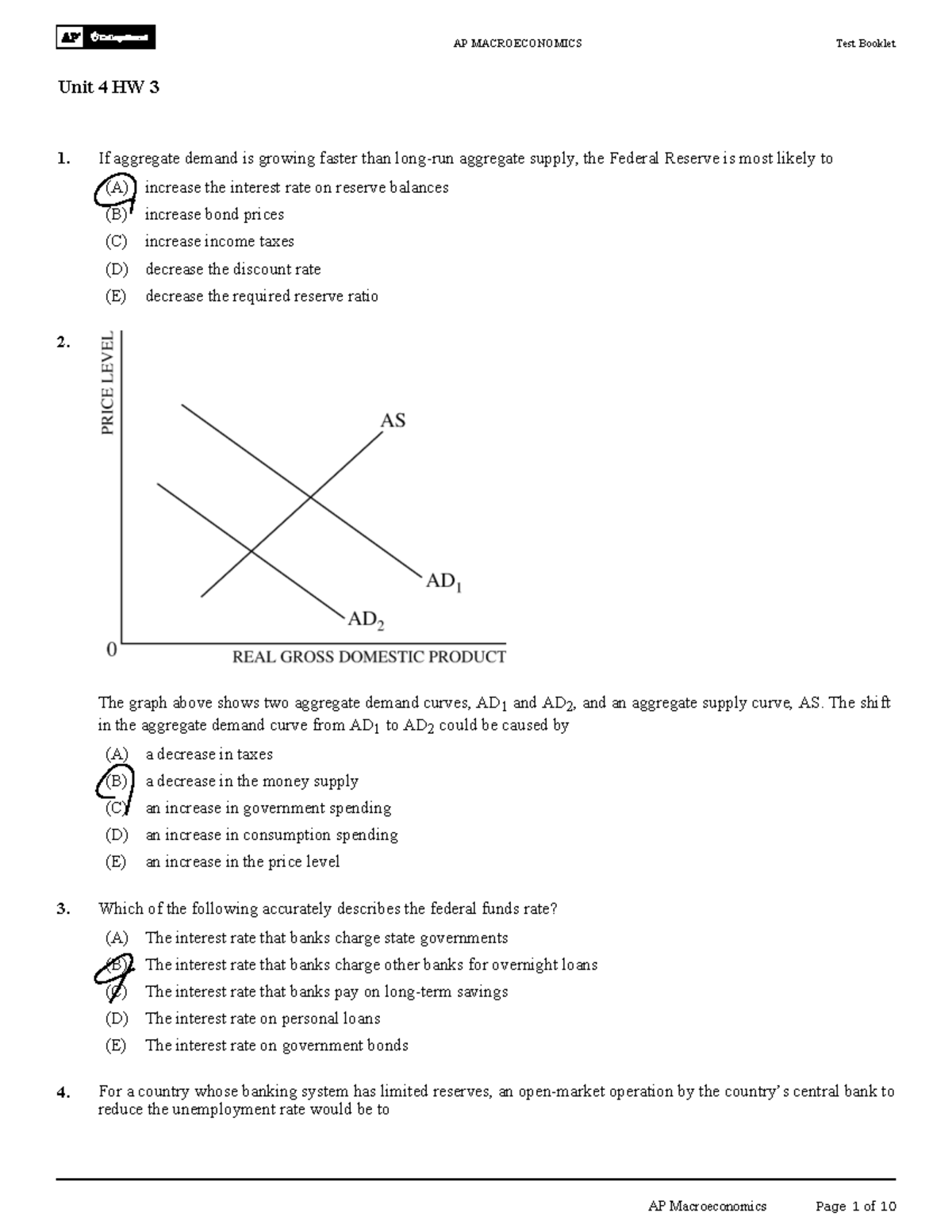AP Macroeconomics Unit 4 Homework 3: Aggregate Demand & Monetary Policy ...