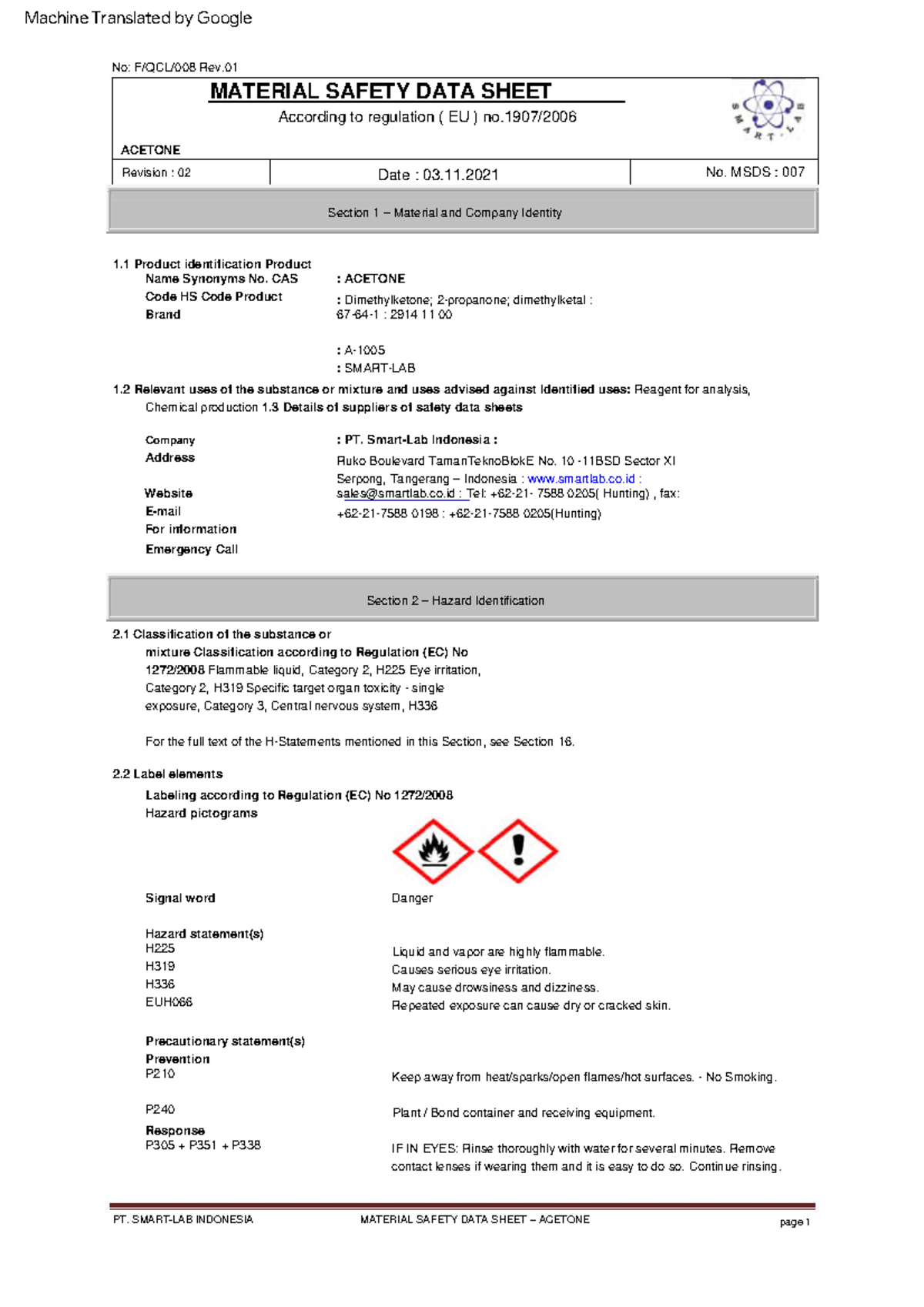 MSDS for Acetone (Dimethylketone) - Safety Data Sheet No. 007 - Studocu