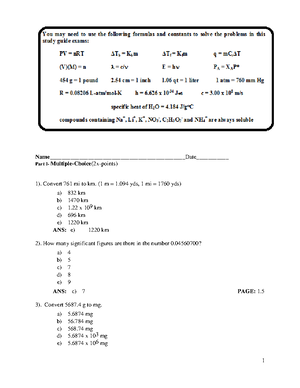 Chem 131 final review - 1 CHEM 131 Final Exam Review Worksheet Based on ...