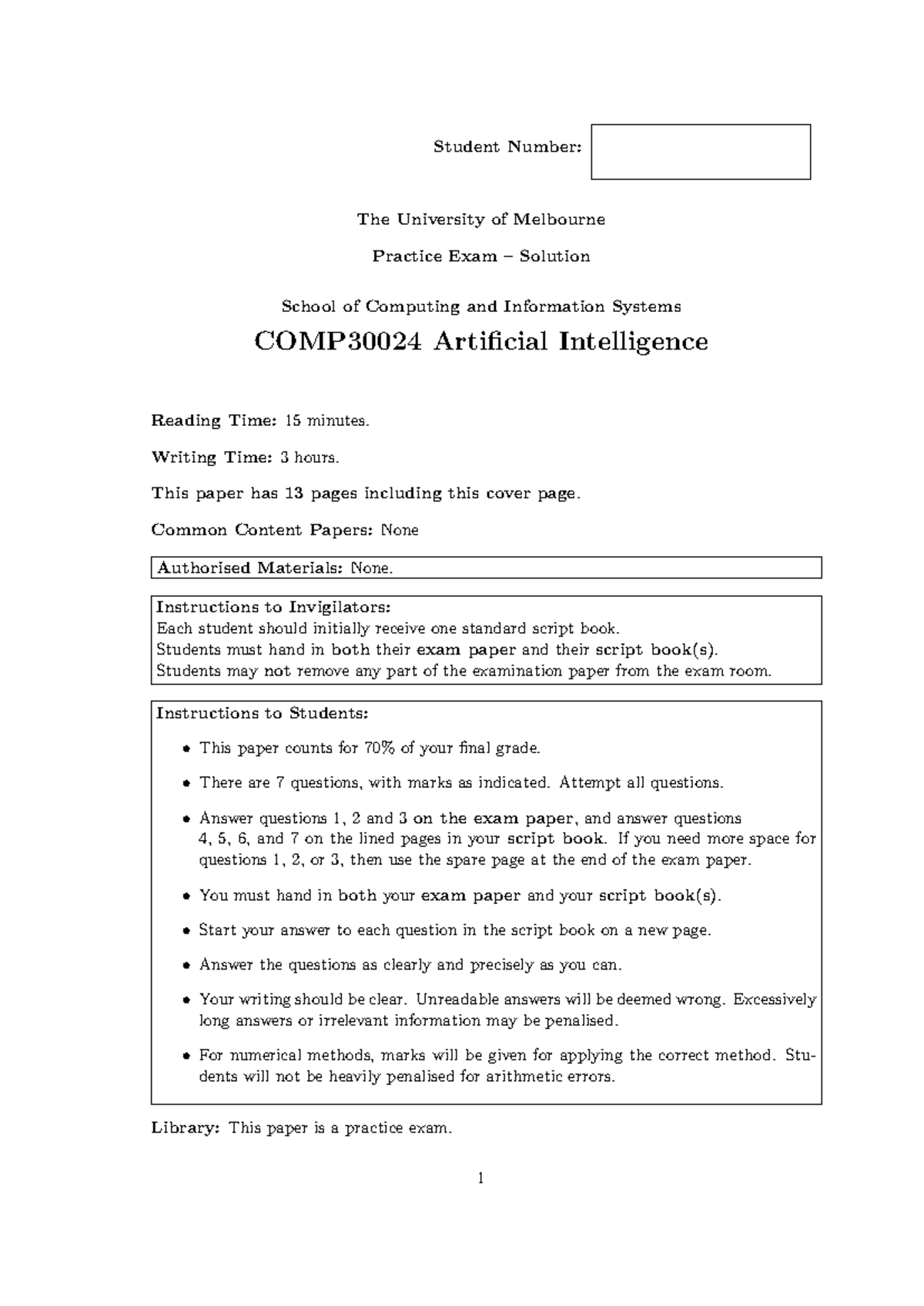 COMP30024 Practice Exam Solutions for Artificial Intelligence - Studocu