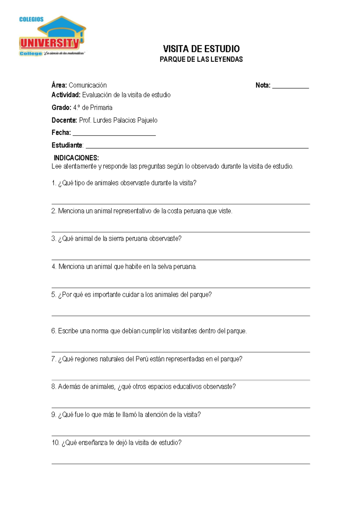 Evaluación de la Visita de Estudio al Parque de las Leyendas - 4.º ...