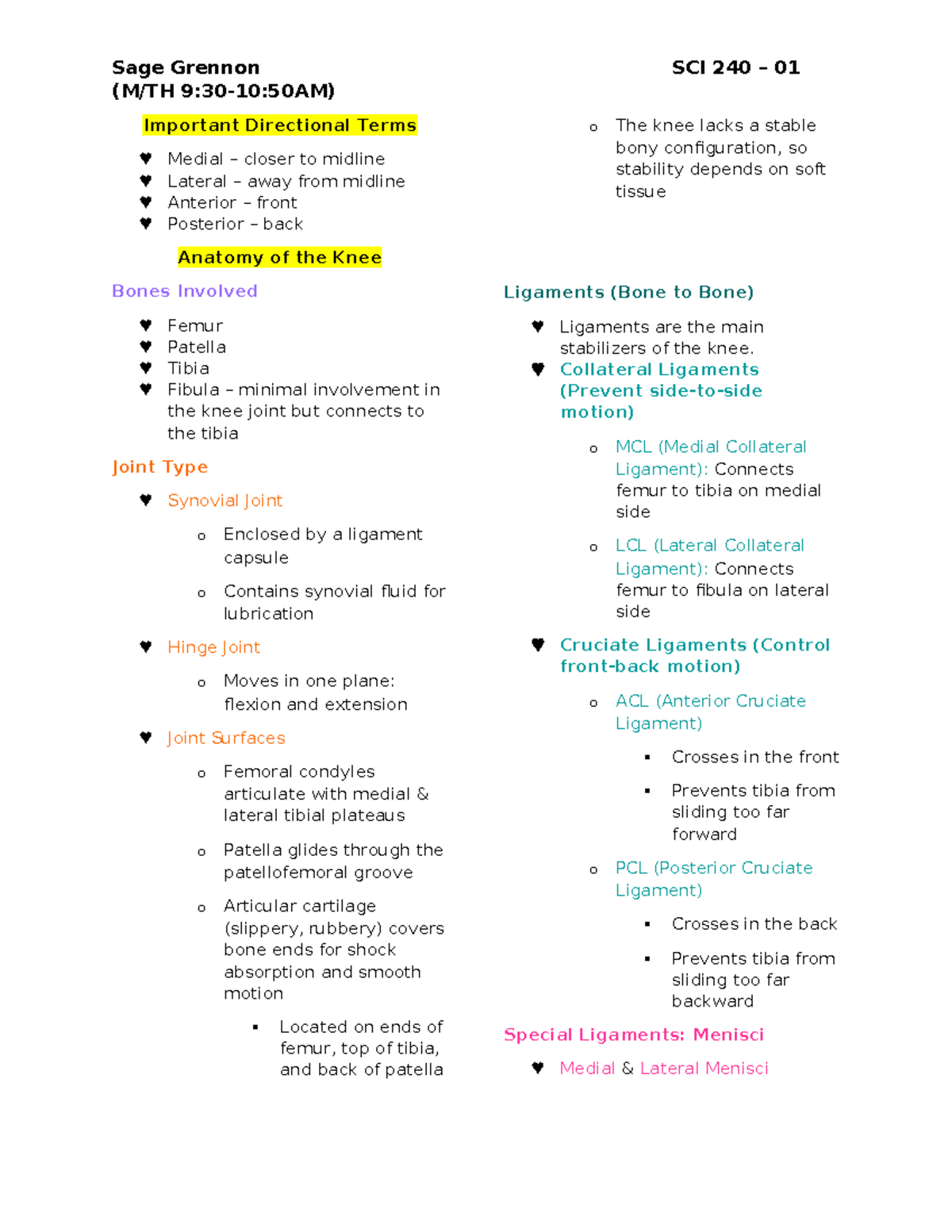 Knee Anatomy Overview and Directional Terms SCI 240 01 - Studocu