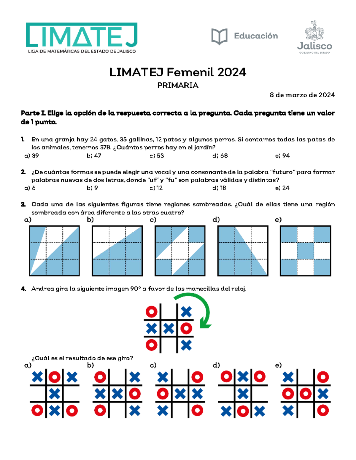 LIMATEJ Femenil 2024 - Exámenes de Primaria 8 de marzo Parte I - Studocu