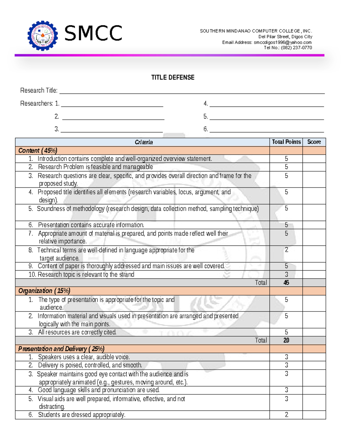 Title Defense Rubrics for Research Presentation Evaluation - Studocu