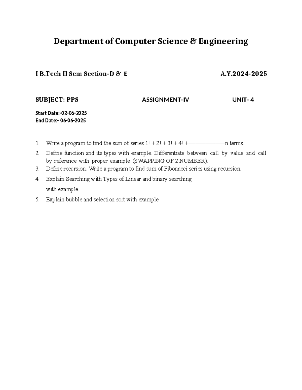 Assignments 4 - Important Paper for external exam - Department of ...