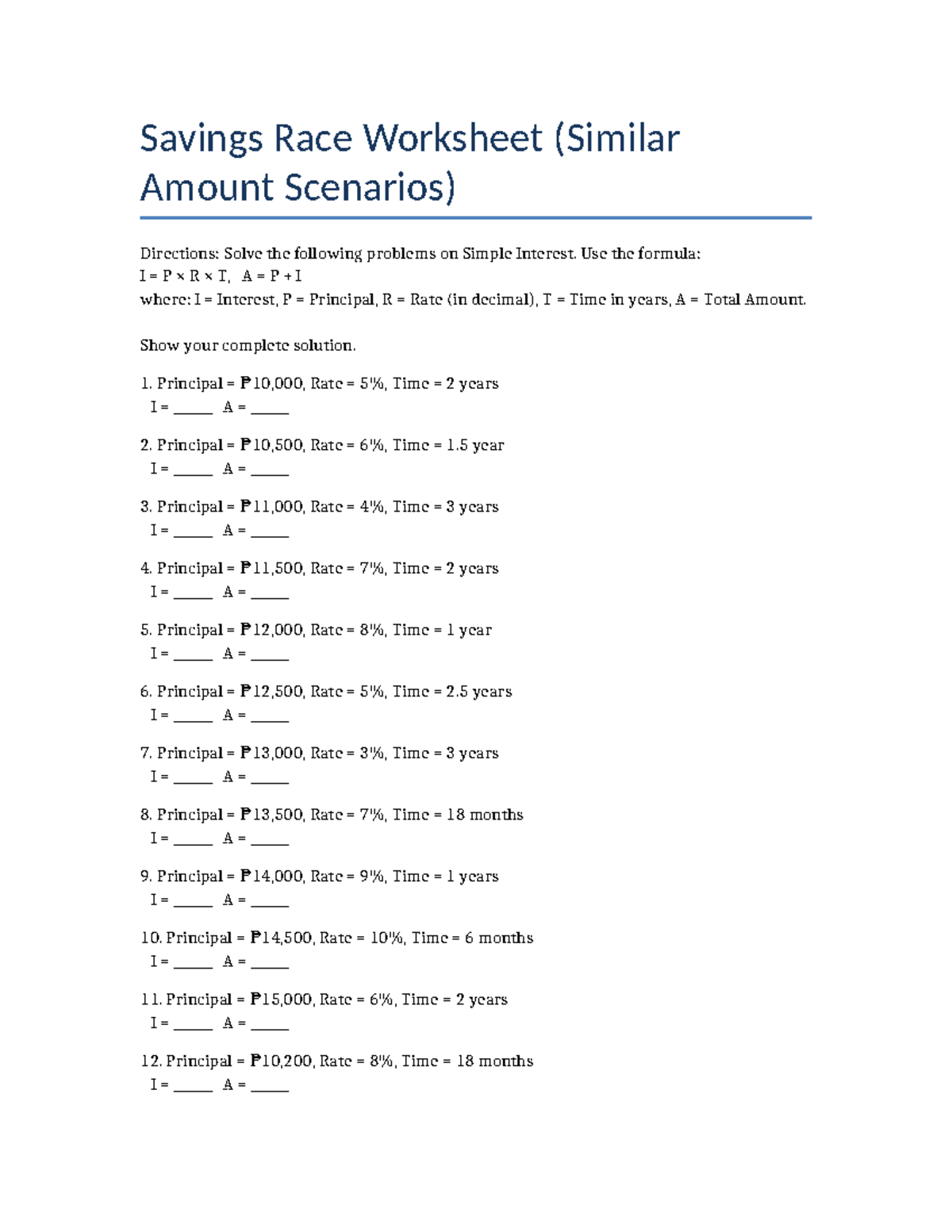 Savings Race Worksheet: Simple Interest Problems - Studocu