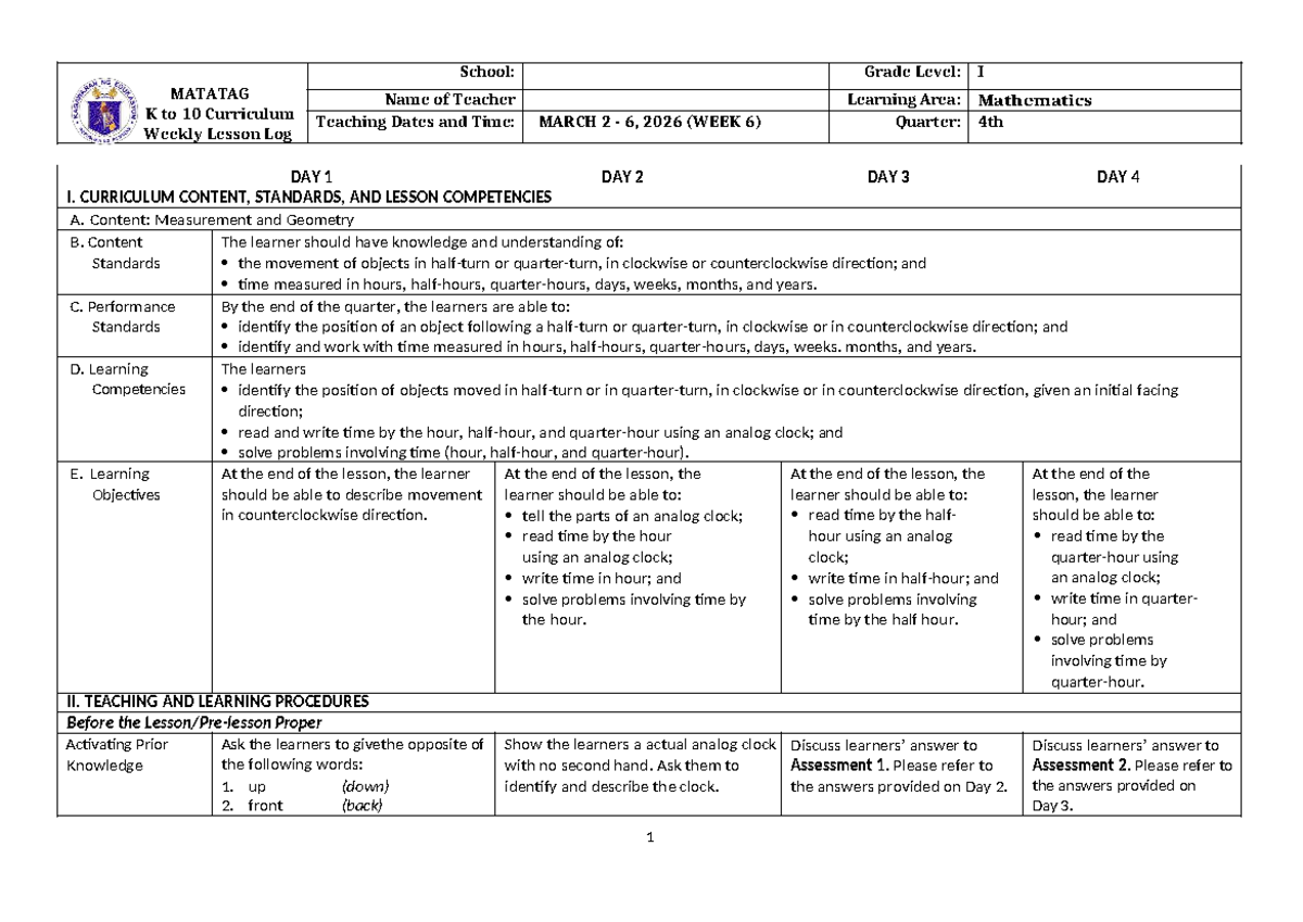Grade 1 DLL Matatag Mathematics Weekly Lesson Log - Q4 Week 6 - Studocu